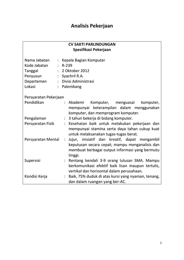 Contoh Job Analysis | PDF
