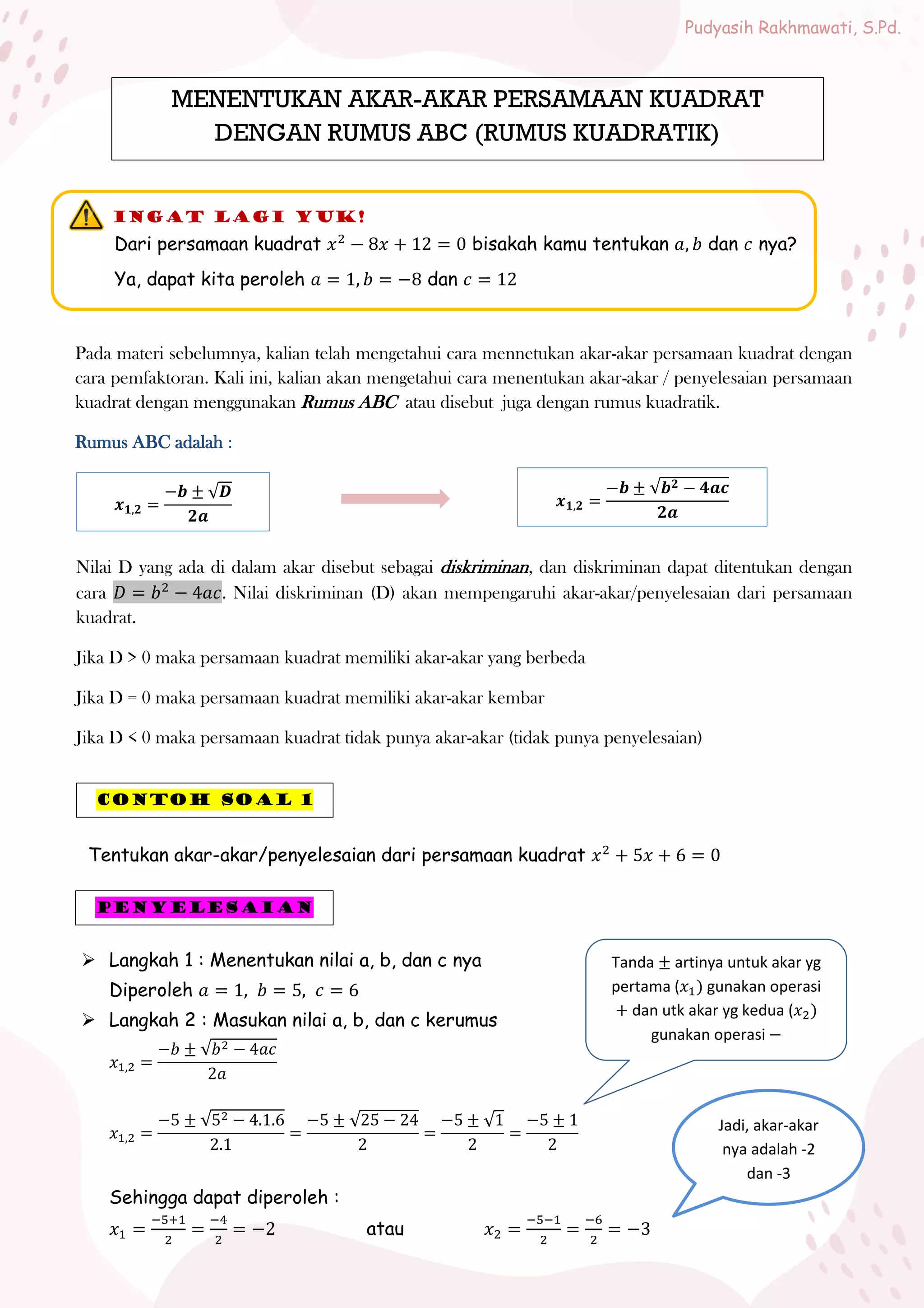 Akar-akar Persamaan Kuadrat Kelas 9 | PDF