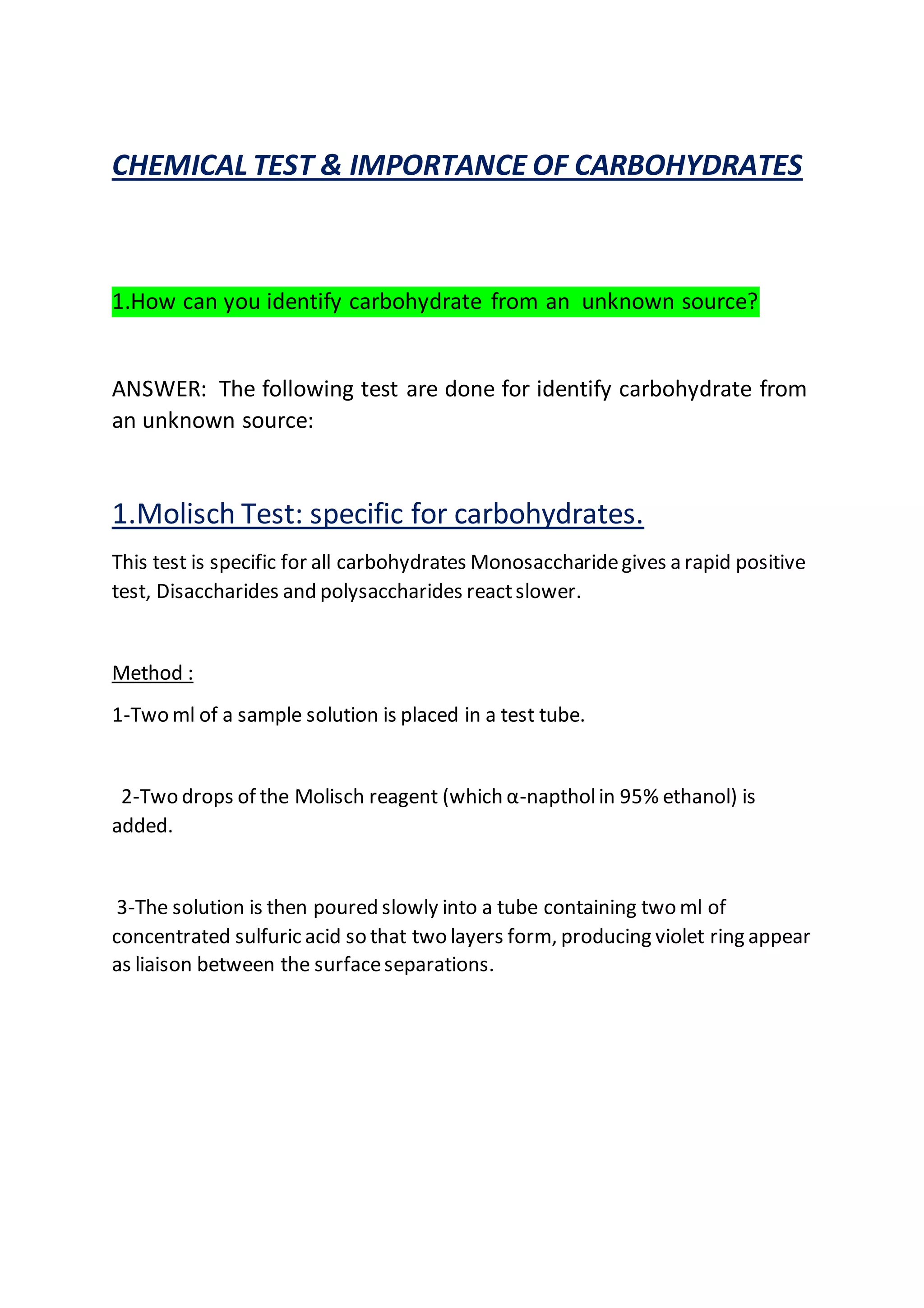 CHEMICAL TEST & IMPORTANCE OF CARBOHYDRATES | DOCX