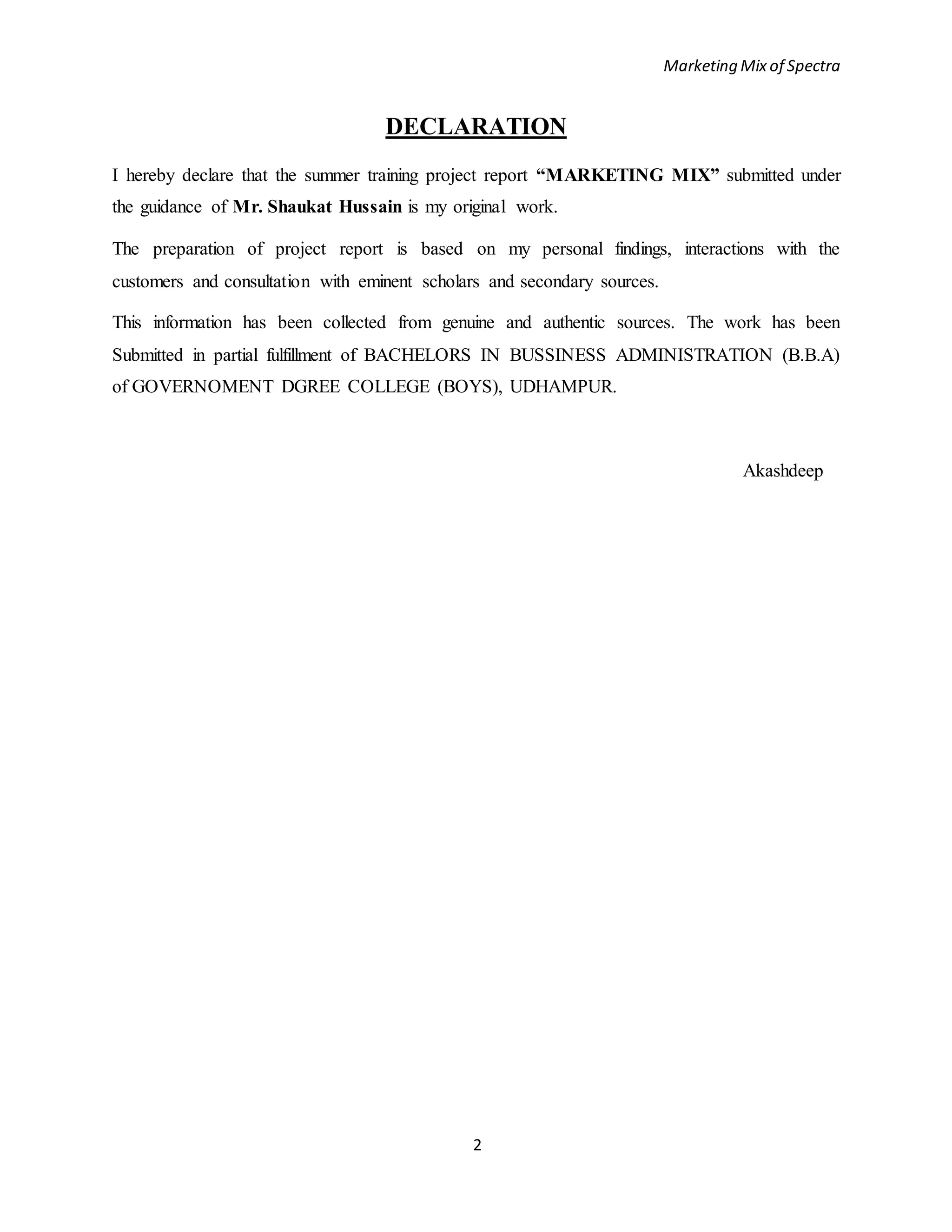 Project Report On MARKETING MIX | DOCX