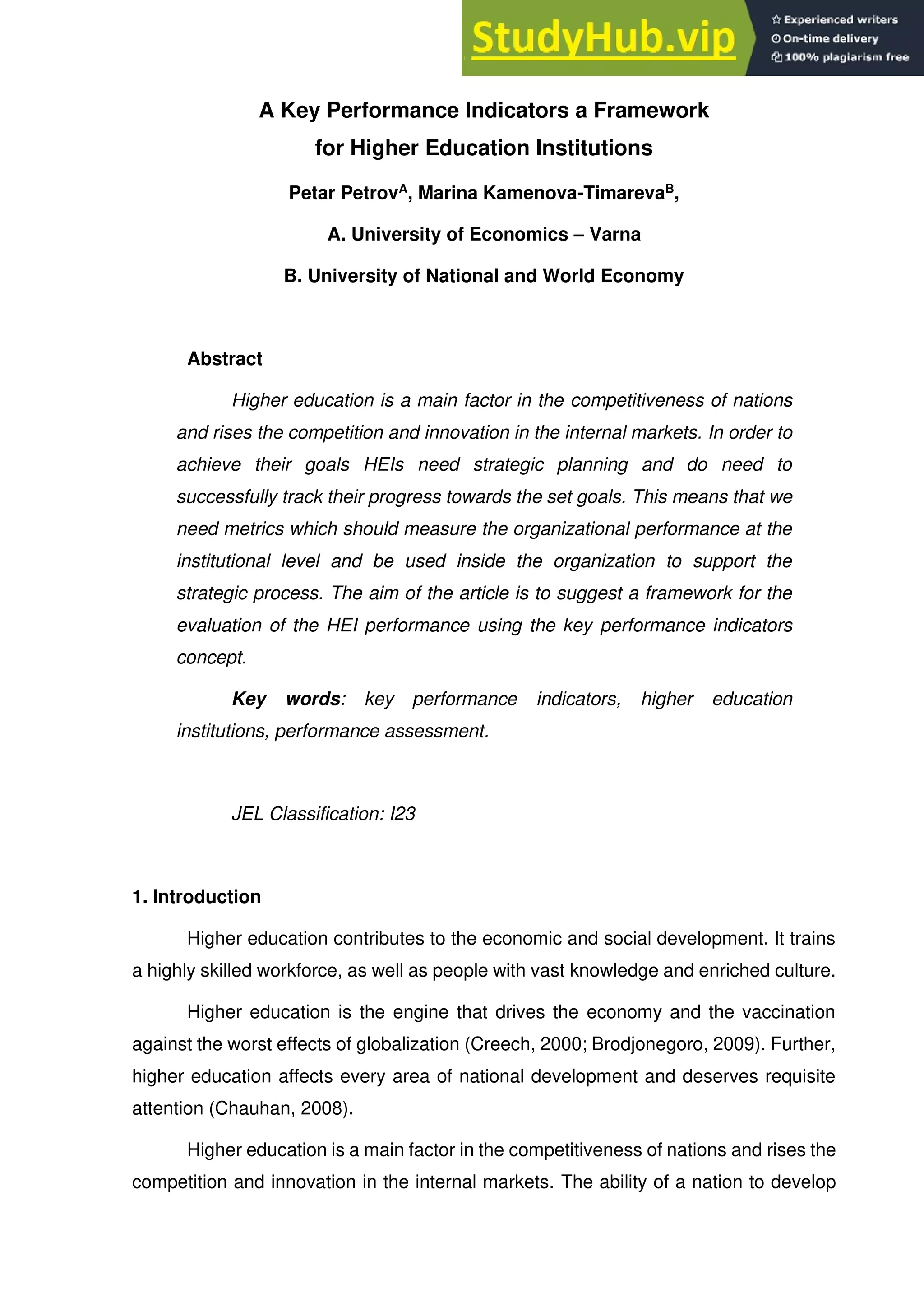 A Key Performance Indicators A Framework For Higher Education ...