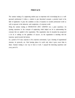 Summer Training report of Hindustan Zinc limited | DOCX