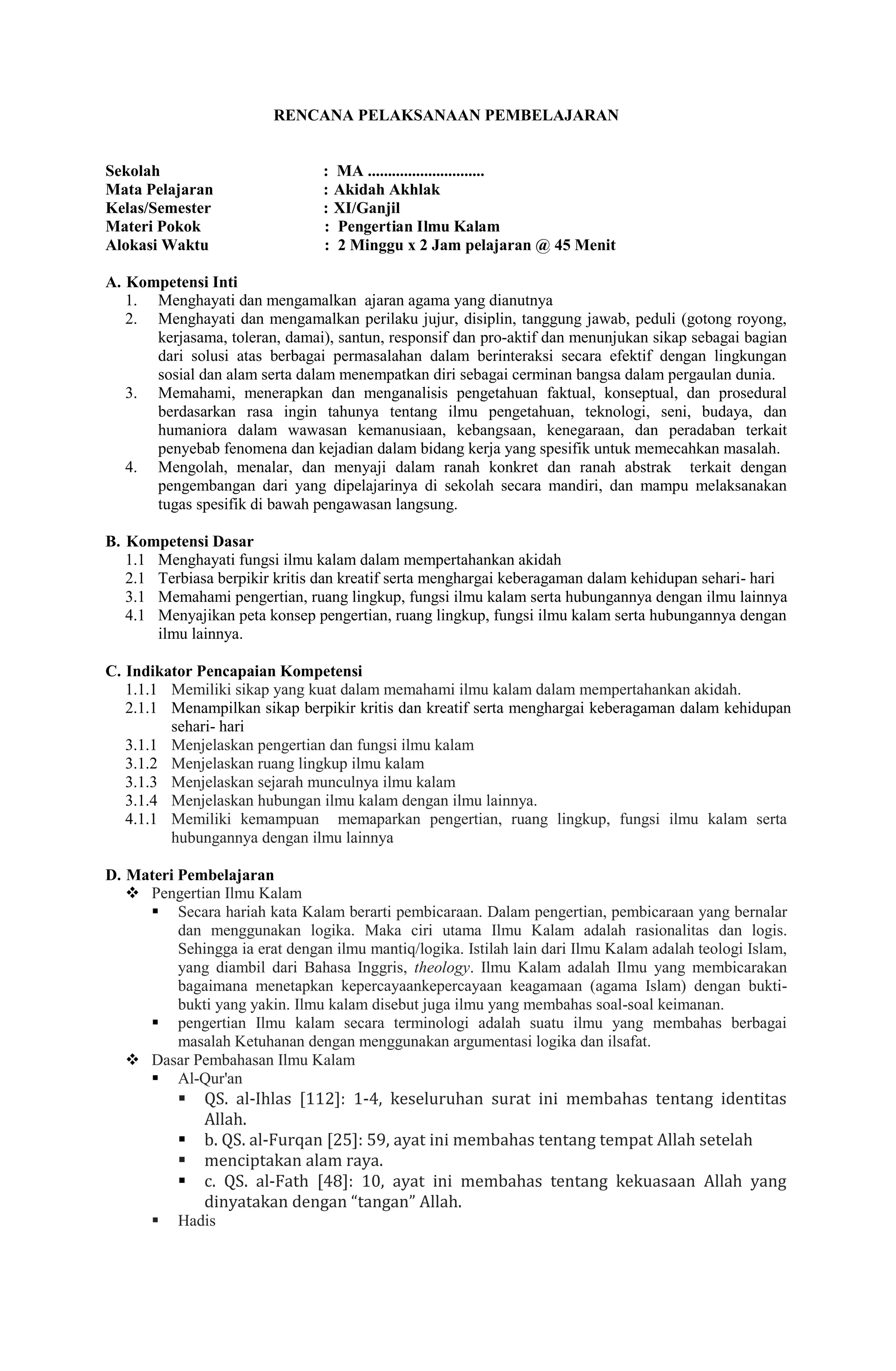 RPP MA Akidah akhlak kelas XI | PDF