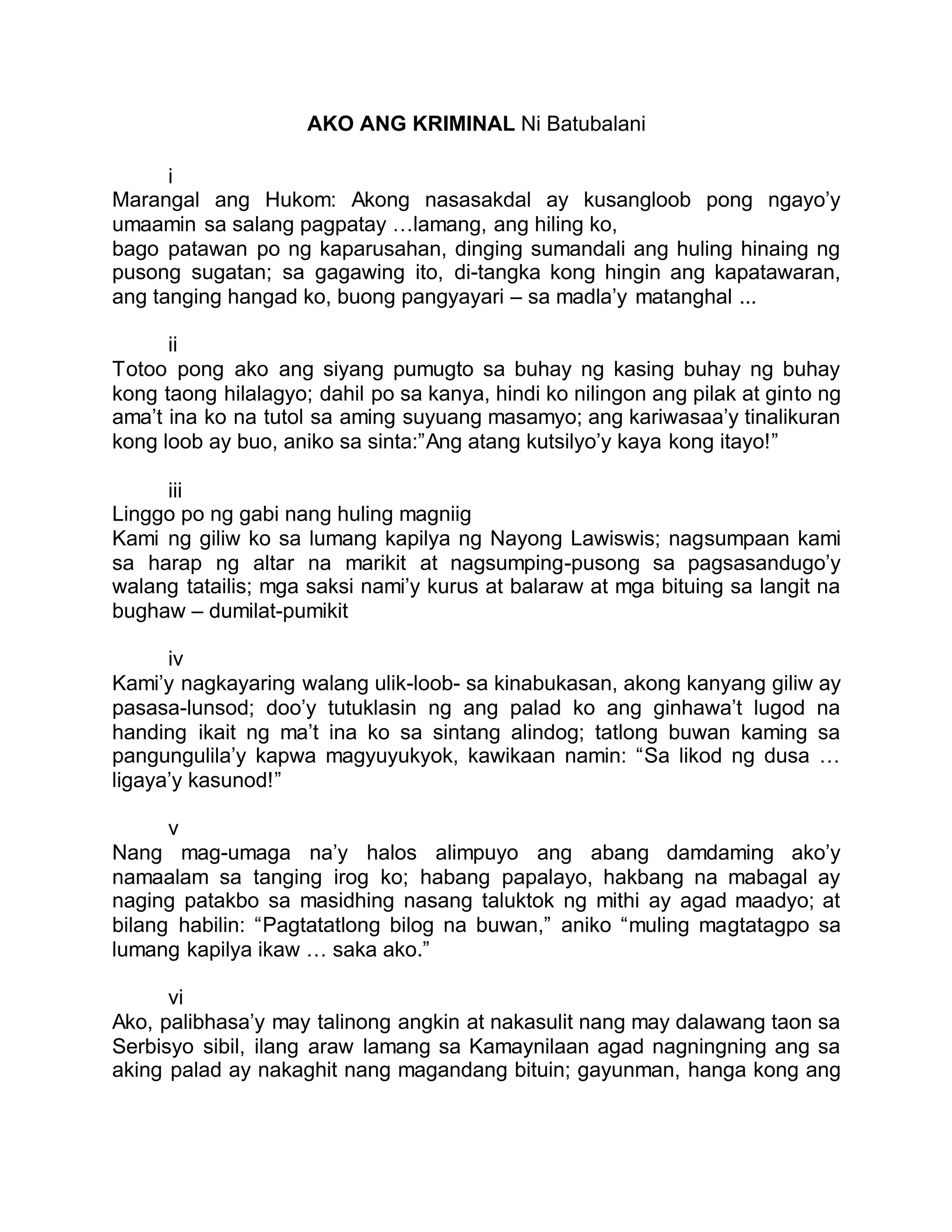 Ako ang kriminal ni batubalani | DOCX