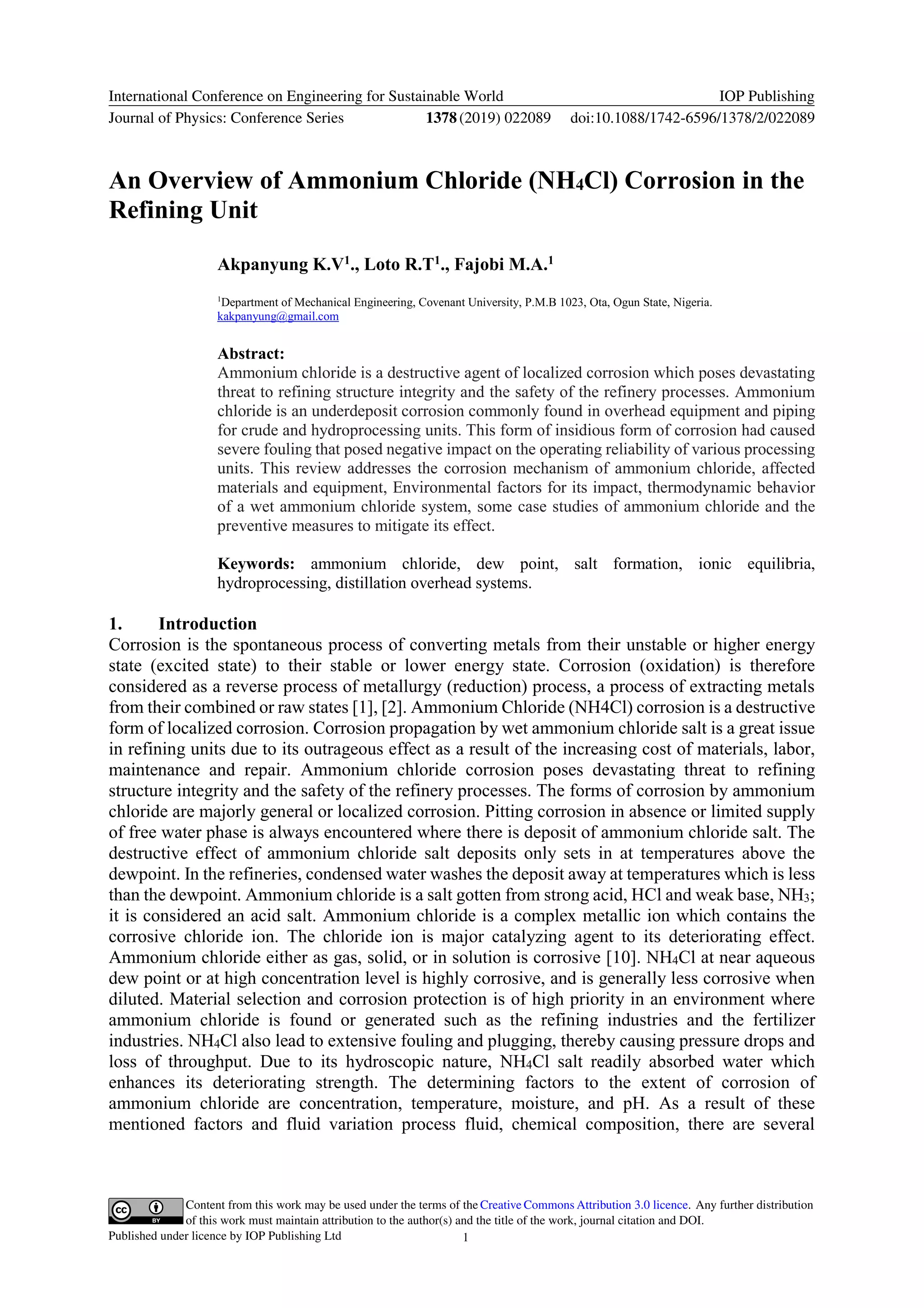 An Overview of Ammonium Chloride (NH4Cl) Corrosion in the Refining Unit ...