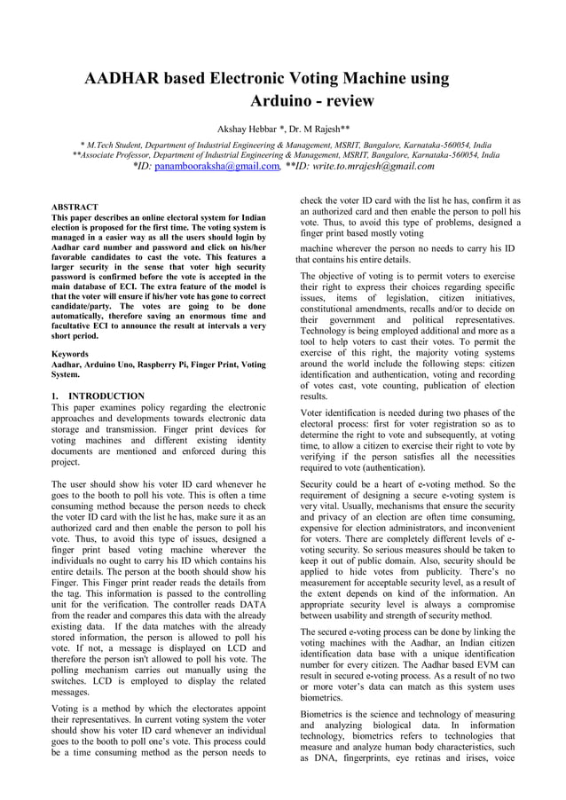 AADHAR based Electronic Voting Machine using Arduino - review | PDF