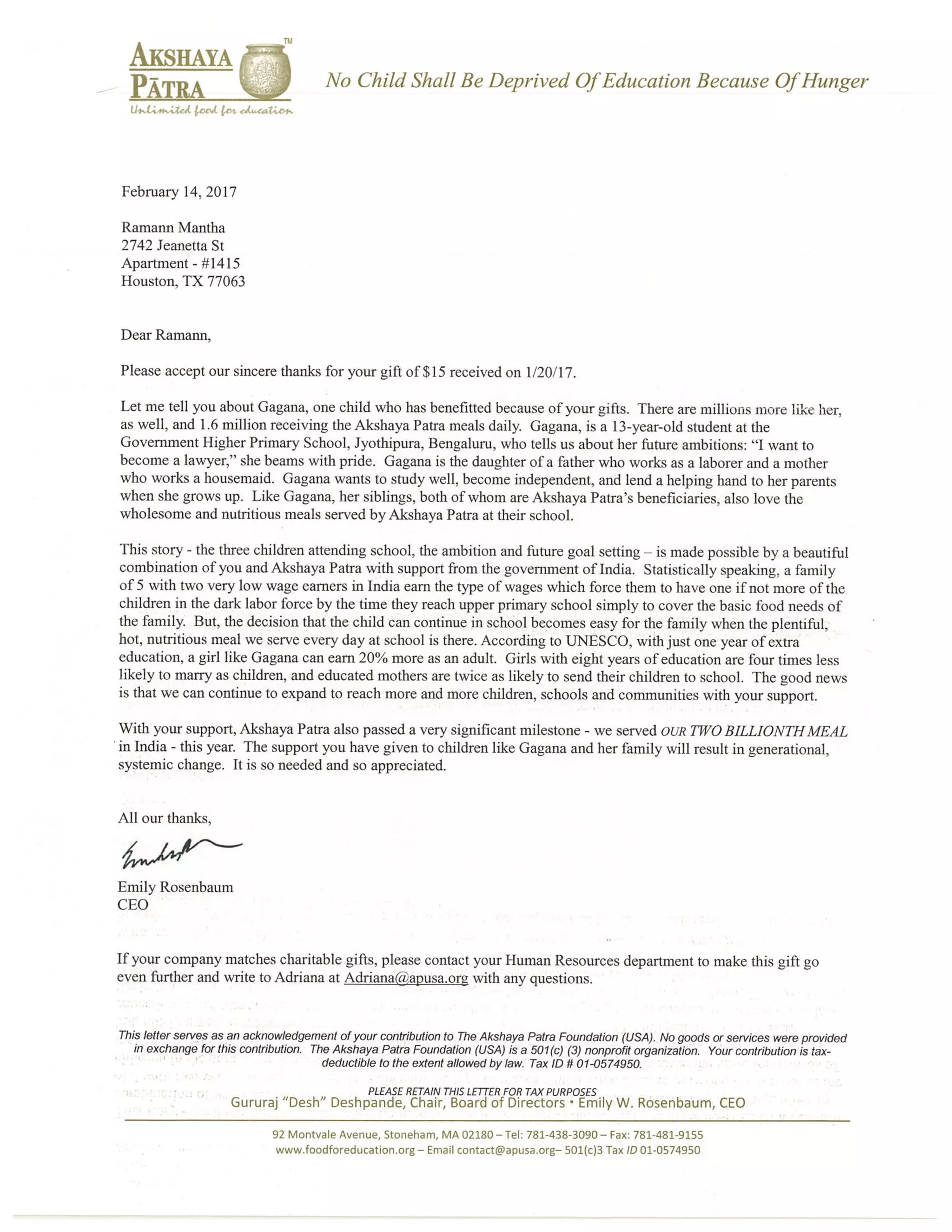 Akshaya Patra Recognition Letter | PDF