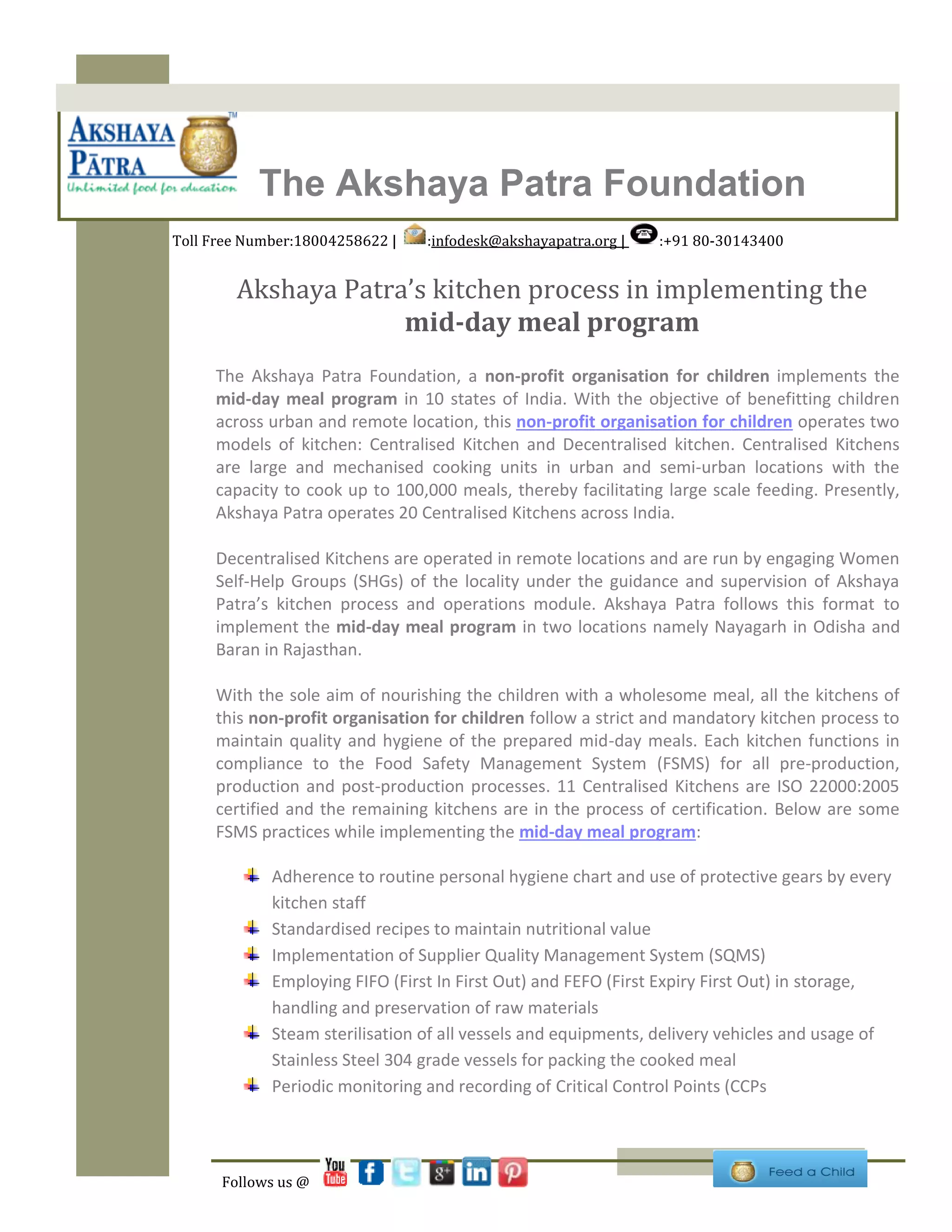 Akshaya patra’s kitchen process in implementing the mid day meal ...
