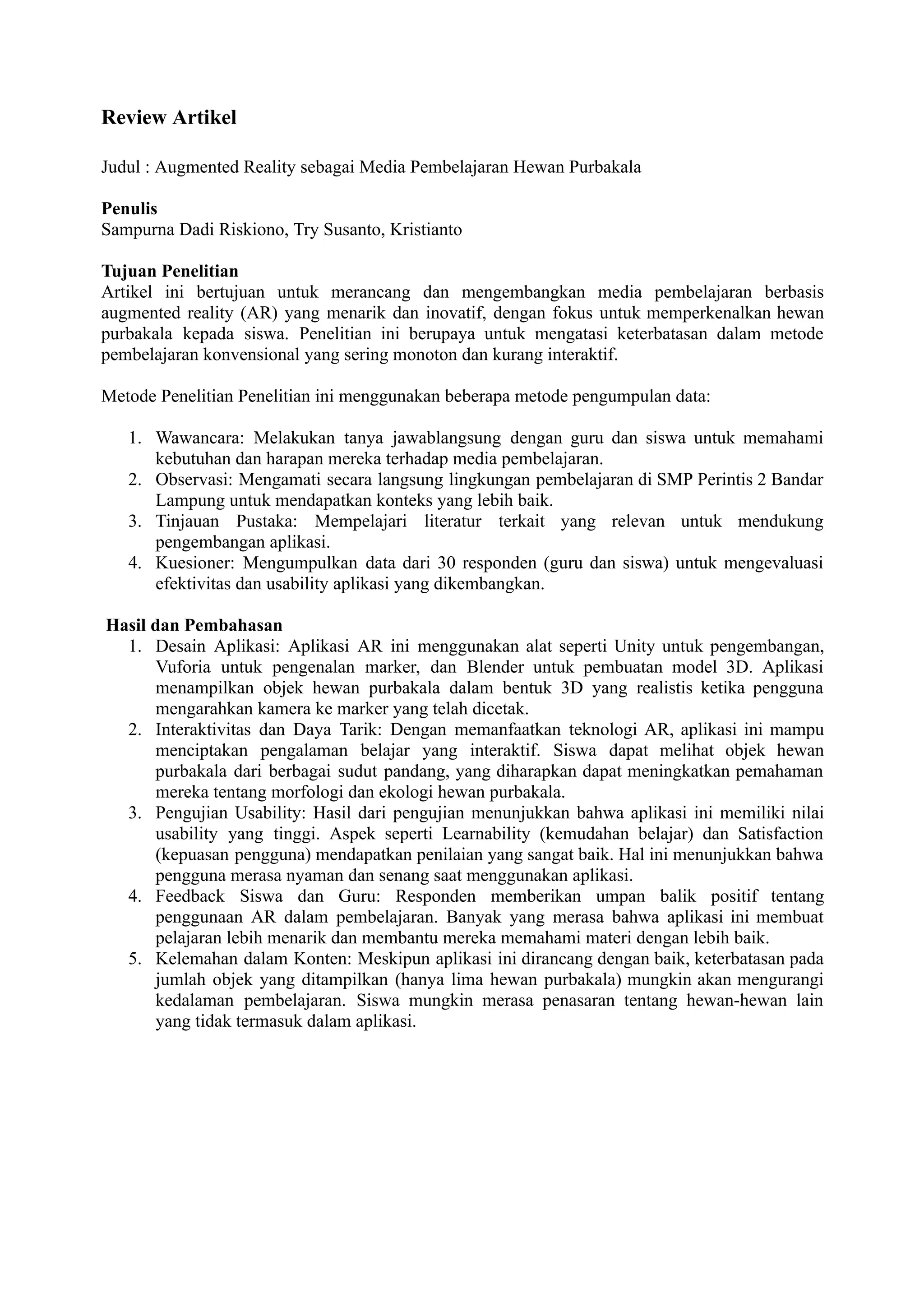 Contoh review Artikel Augmented Reality ( PGSD) | PDF