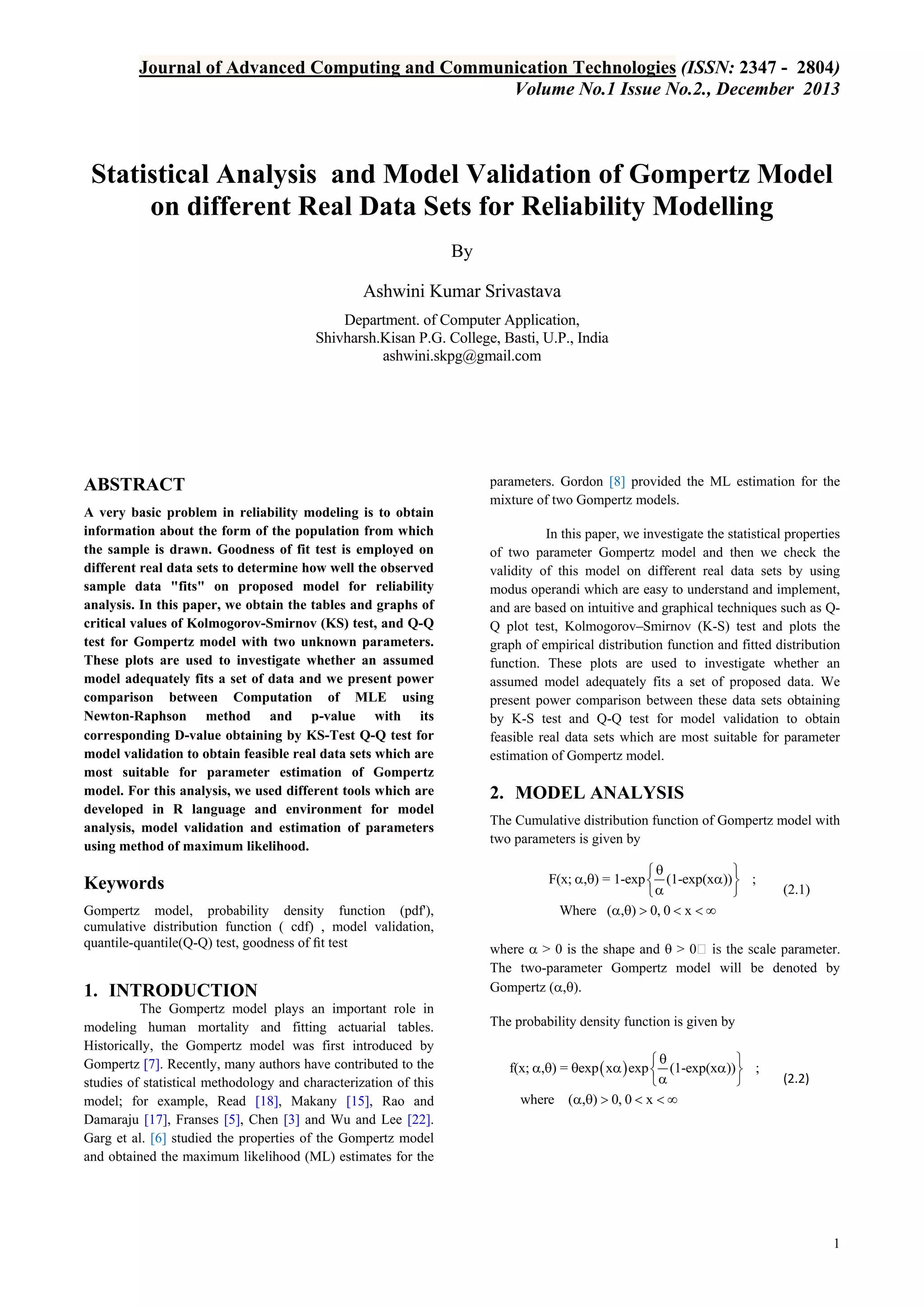 Statistical Analysis and Model Validation of Gompertz Model on different Real Data Sets for ...