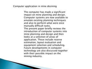 Computer Applications in Mining Engineering, AKS University | PPTX