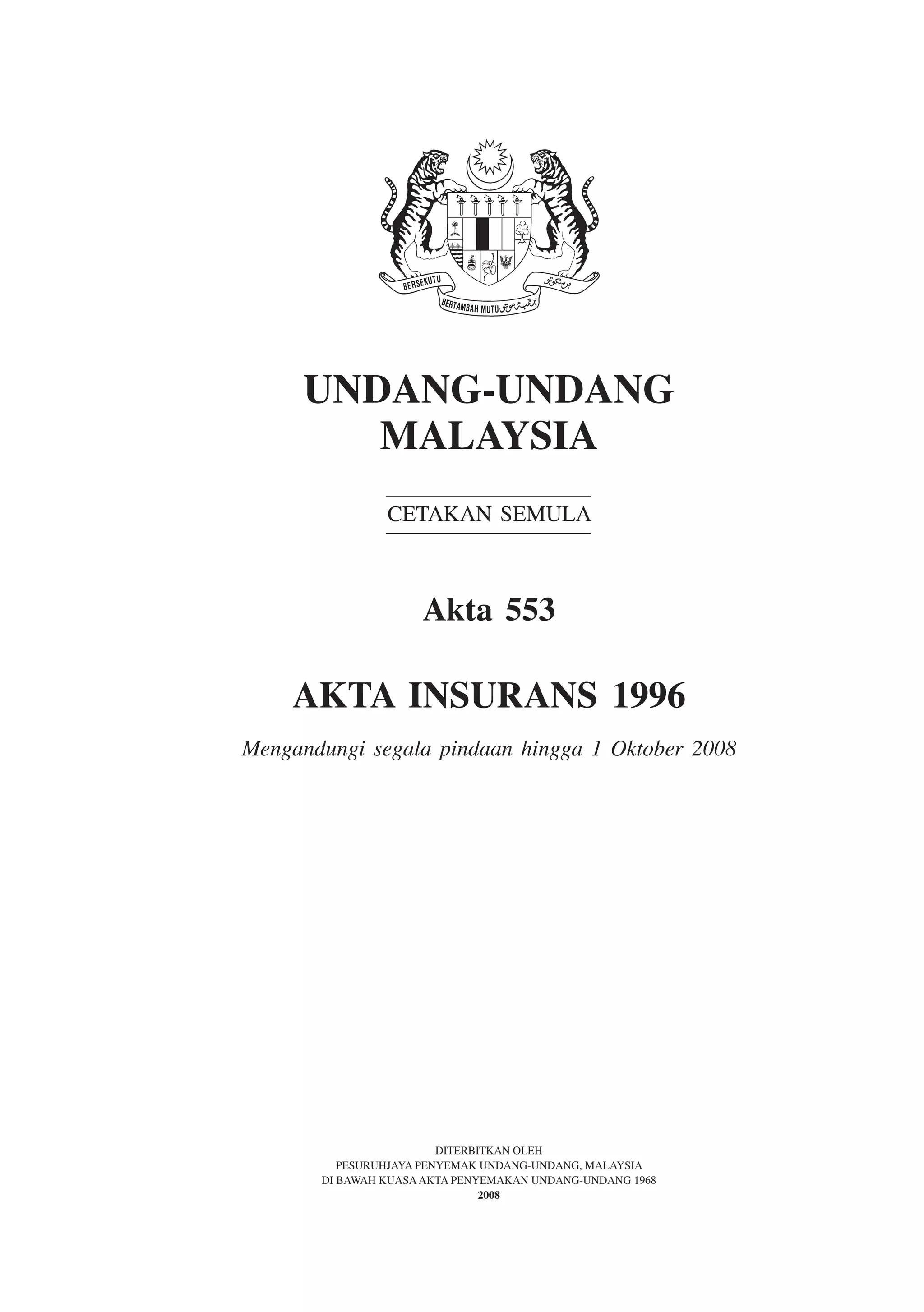 Malaysian Insurance Act - Akta 553 | PDF