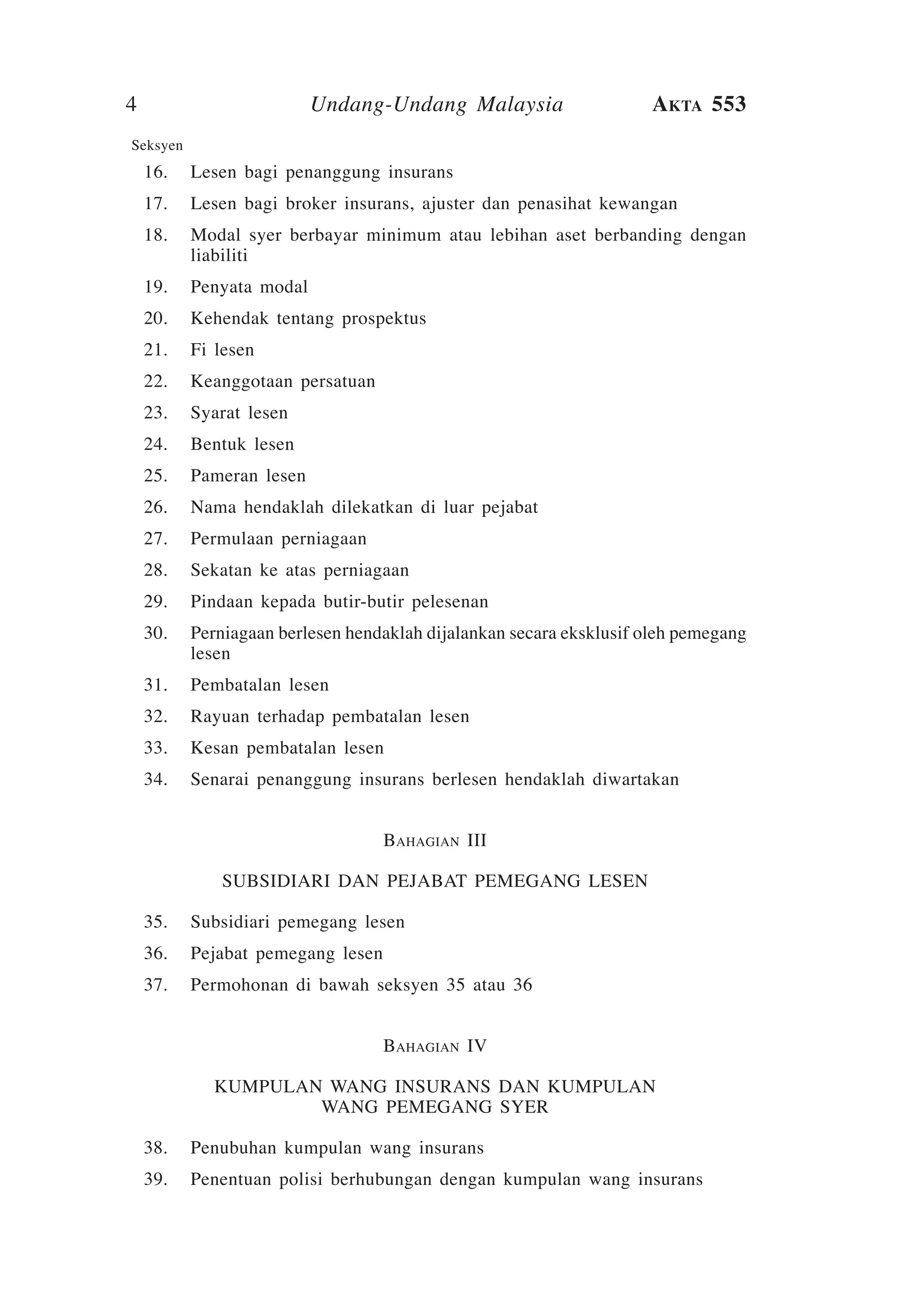 Malaysian Insurance Act - Akta 553 | PDF