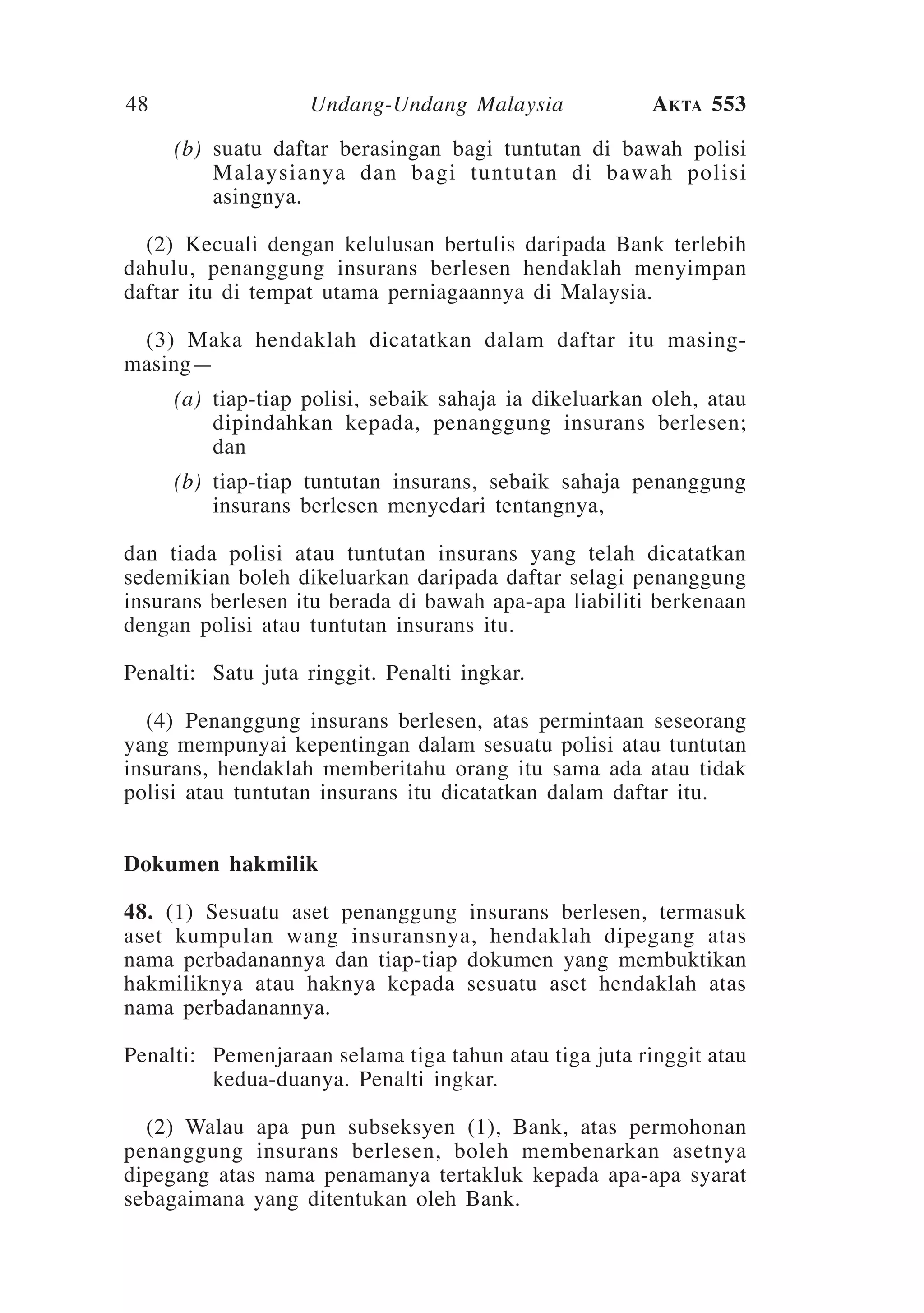 Malaysian Insurance Act - Akta 553 | PDF