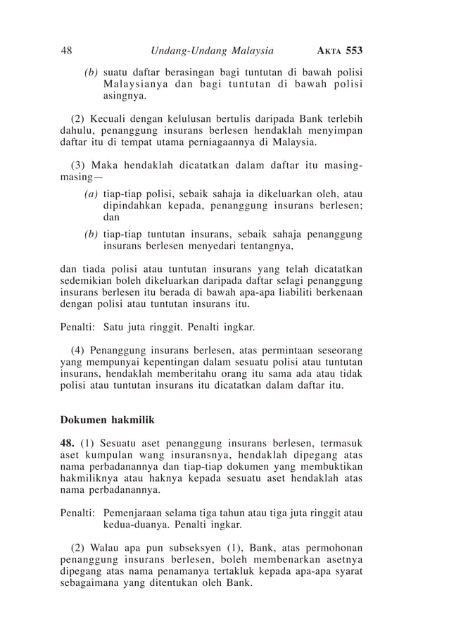 Malaysian Insurance Act - Akta 553 | PDF