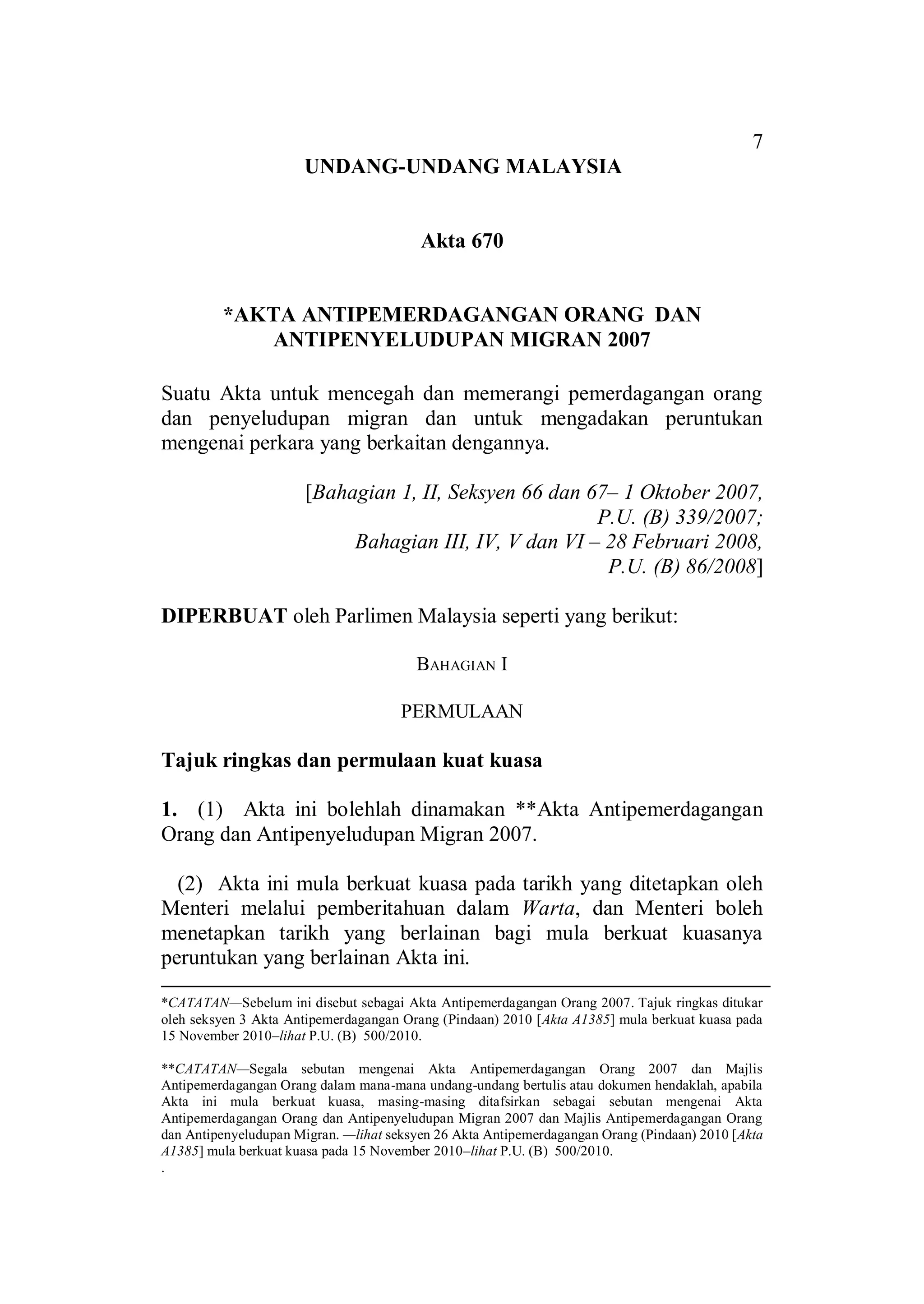 Akta Antipemerdegangan dan Penyeludupan Migran (ATIPSOM) Akta 670 | PDF