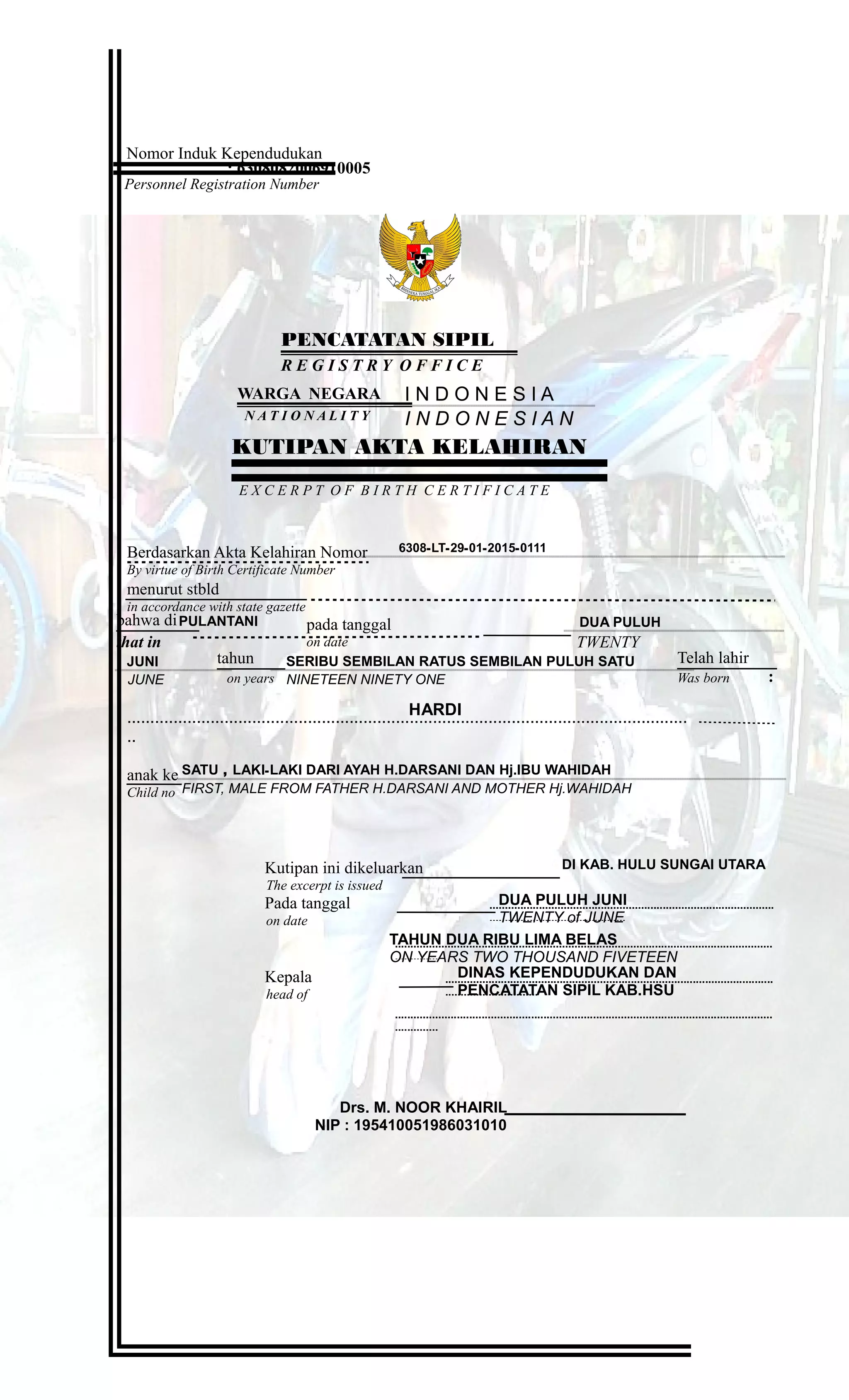 Akta kelahiran hardi & document lainnya | DOC