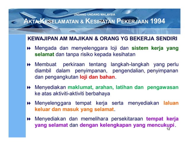 Akta keselamatan dan kesihatan perkerjaan 1994 | PDF