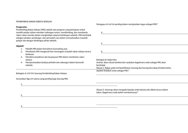 lembaran kerja aktiviti kursus pembimbing rakan sebaya | DOCX