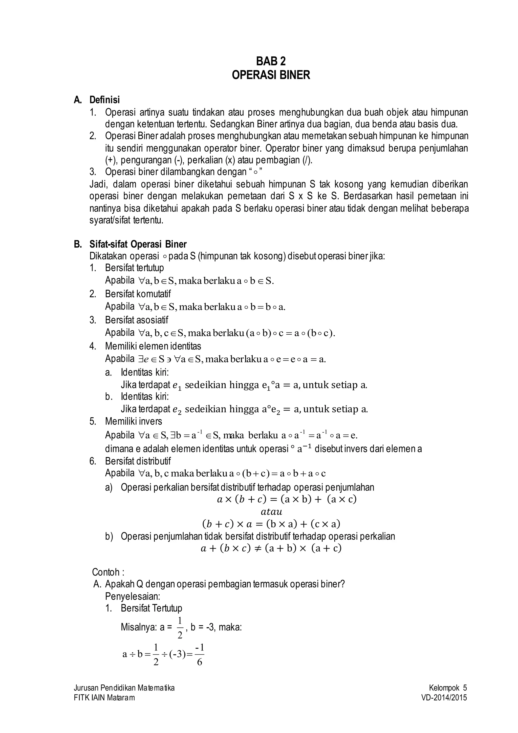 VD-108 klmpk 5: Operasi Biner dan Grup | DOCX