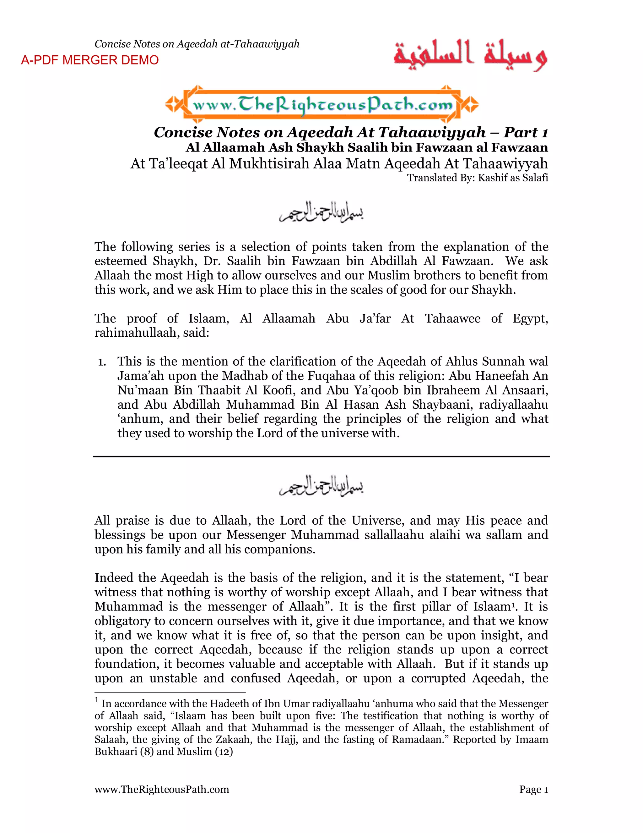 Al aqidah at-tahawiyyah - part1-5 concise notes - saalih al-fawzaan | PDF