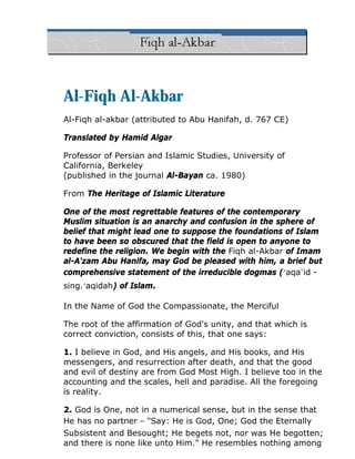 Al fiqh al-akbar - abu haneefa | PDF