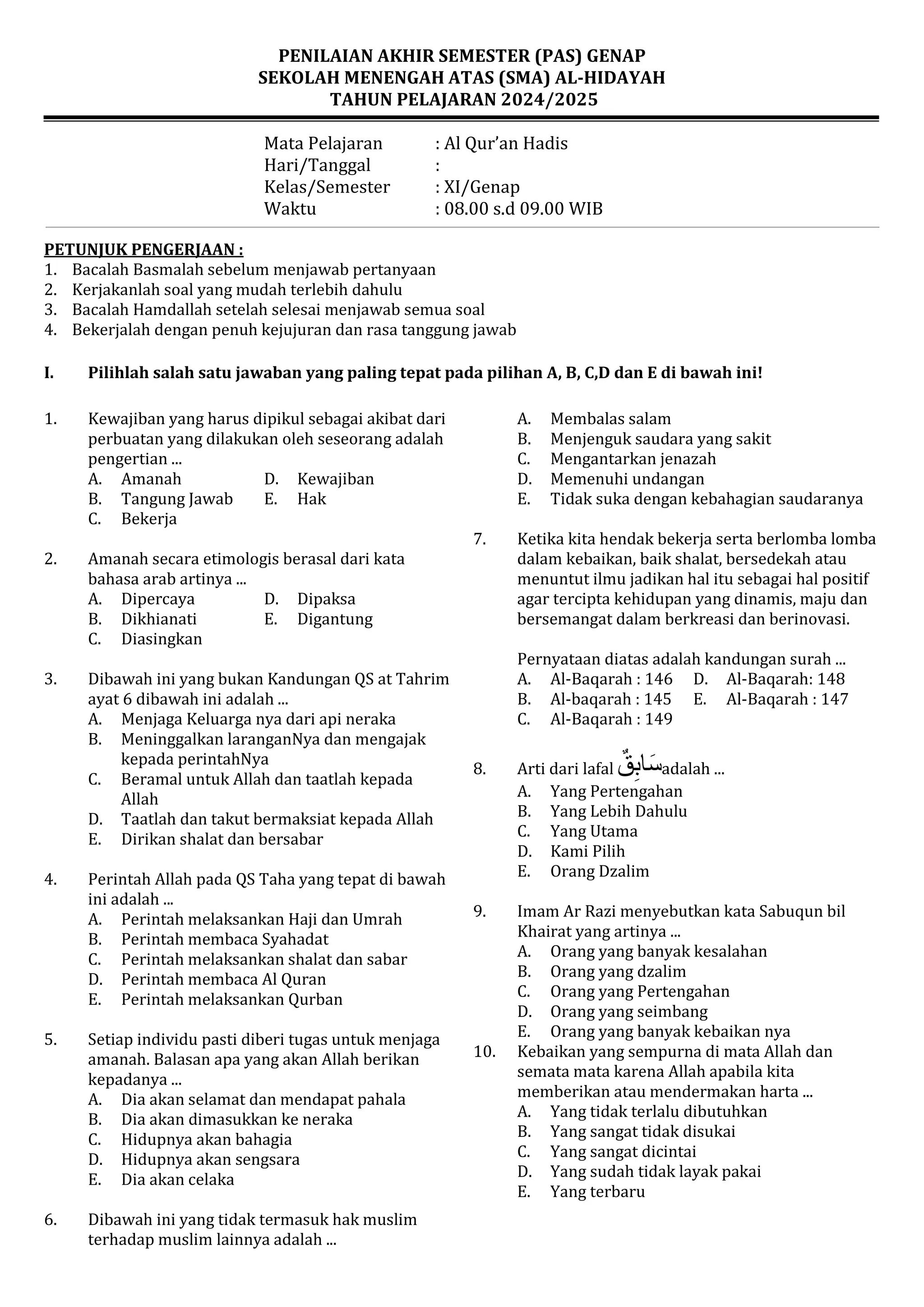 soal semester Al-Qur'an Hadits XI kurikulum k13 | PDF