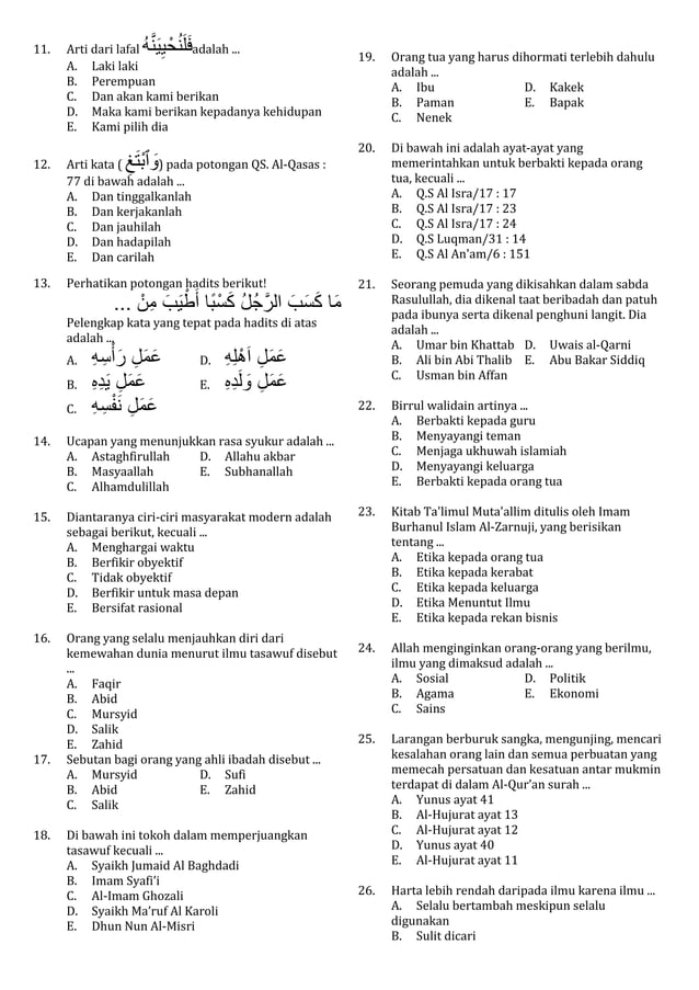 soal semester Al-Qur'an Hadits XI kurikulum k13 | PDF