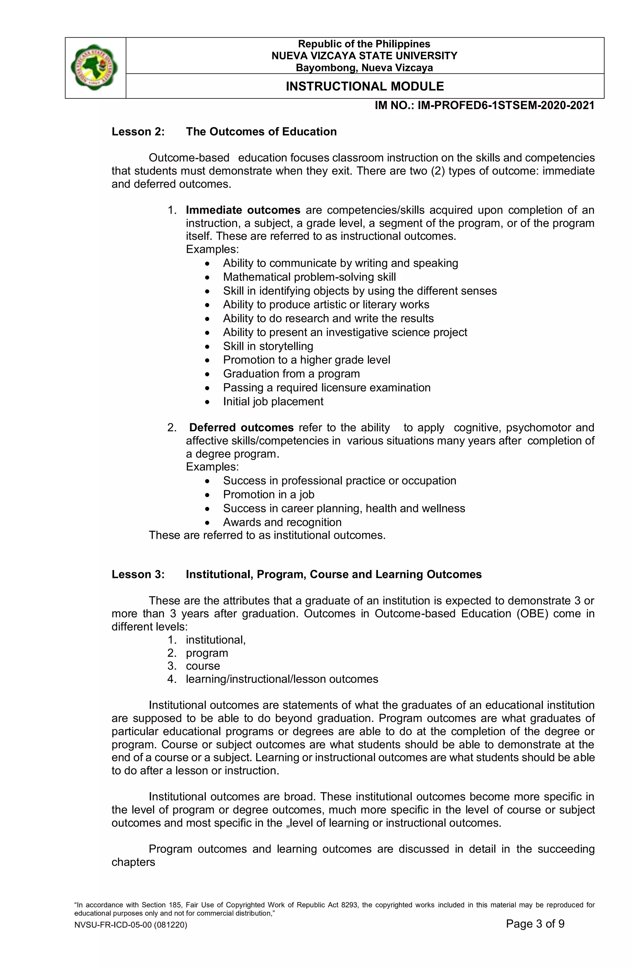 AL 1 MODULE 1. Shift of Educational Focus from Content to Learning ...