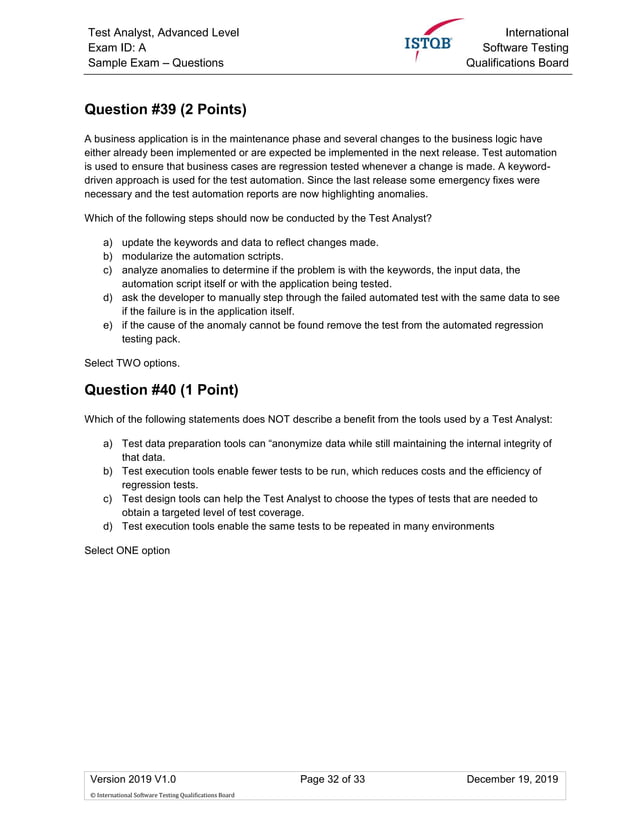 ISTQB Test Analyst Sample Question Paper | PDF