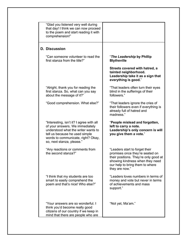Detailed Lesson Plan with Authentic Assessment (Sample) | PDF | Poetry ...