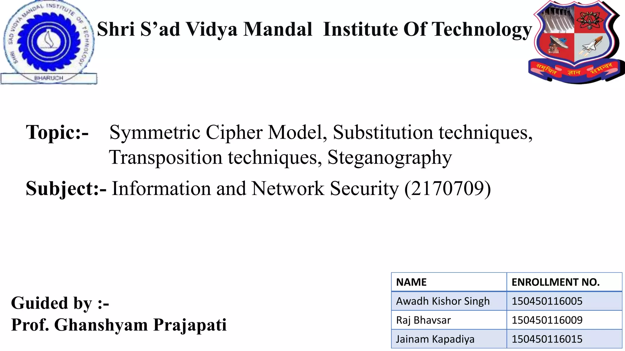 Symmetric Cipher Model Substitution Techniques Transposition Techniques Steganography