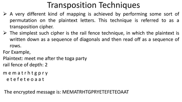 Symmetric Cipher Model, Substitution techniques, Transposition ...