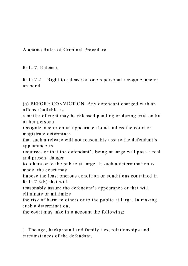 Alabama Rules of Criminal Procedure Rule 7. Release. .docx | Crime ...