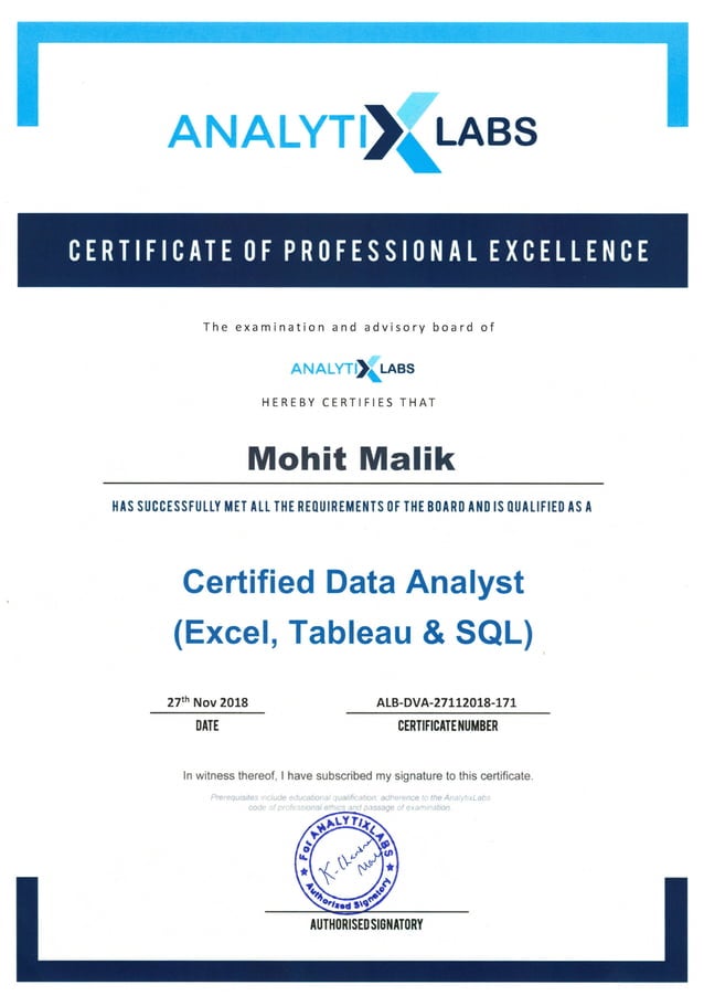 Certified Data Analyst (Excel, Tableau & SQL) | PDF | Free Download