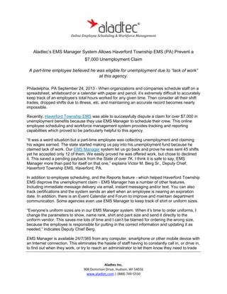 Aladtec's EMS Manager System Allows Haverford Township EMS (PA) Prevent a $7,000 Unemployment ...