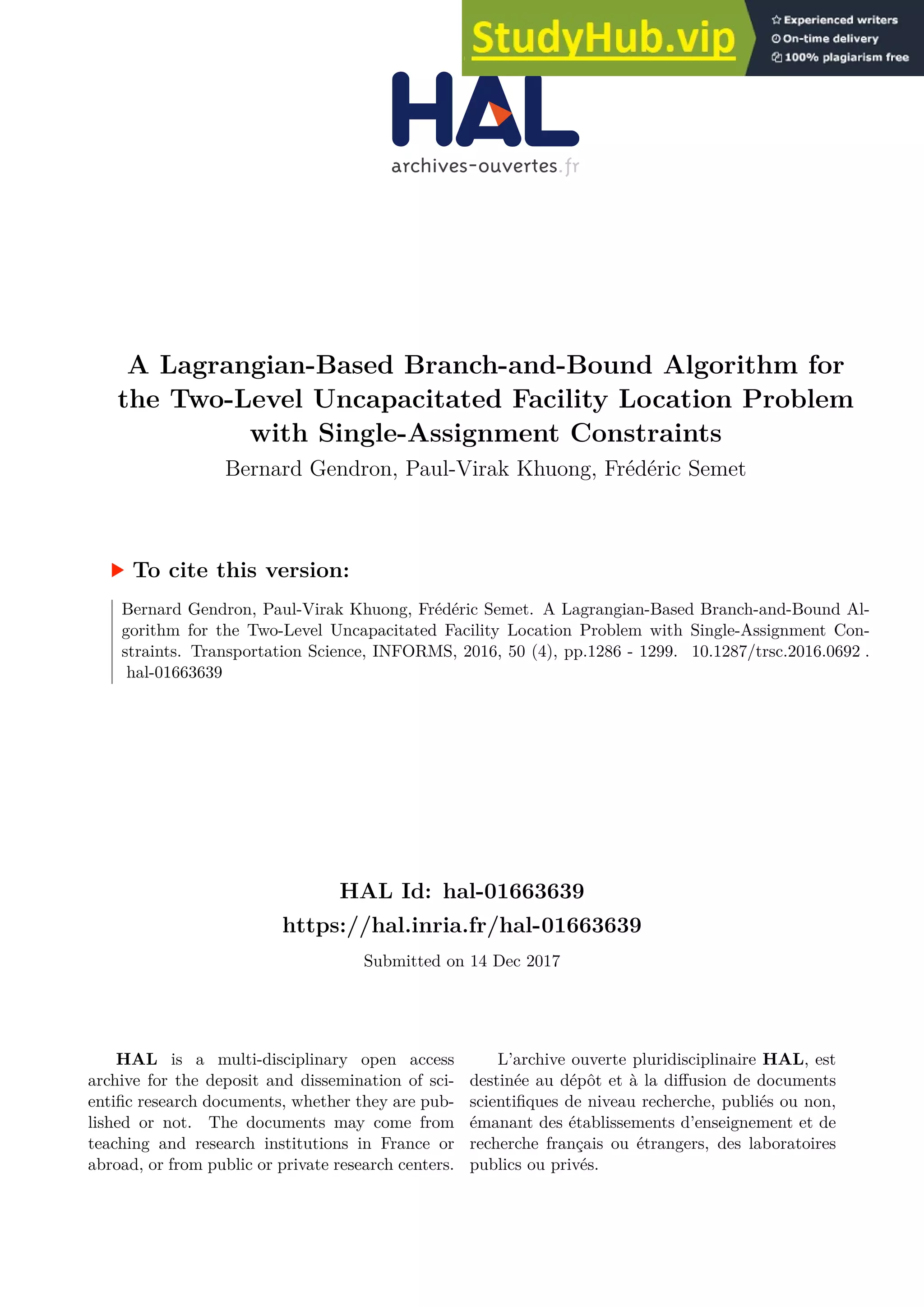 A Lagrangian Based Branch And Bound Algorithm For The Two Level