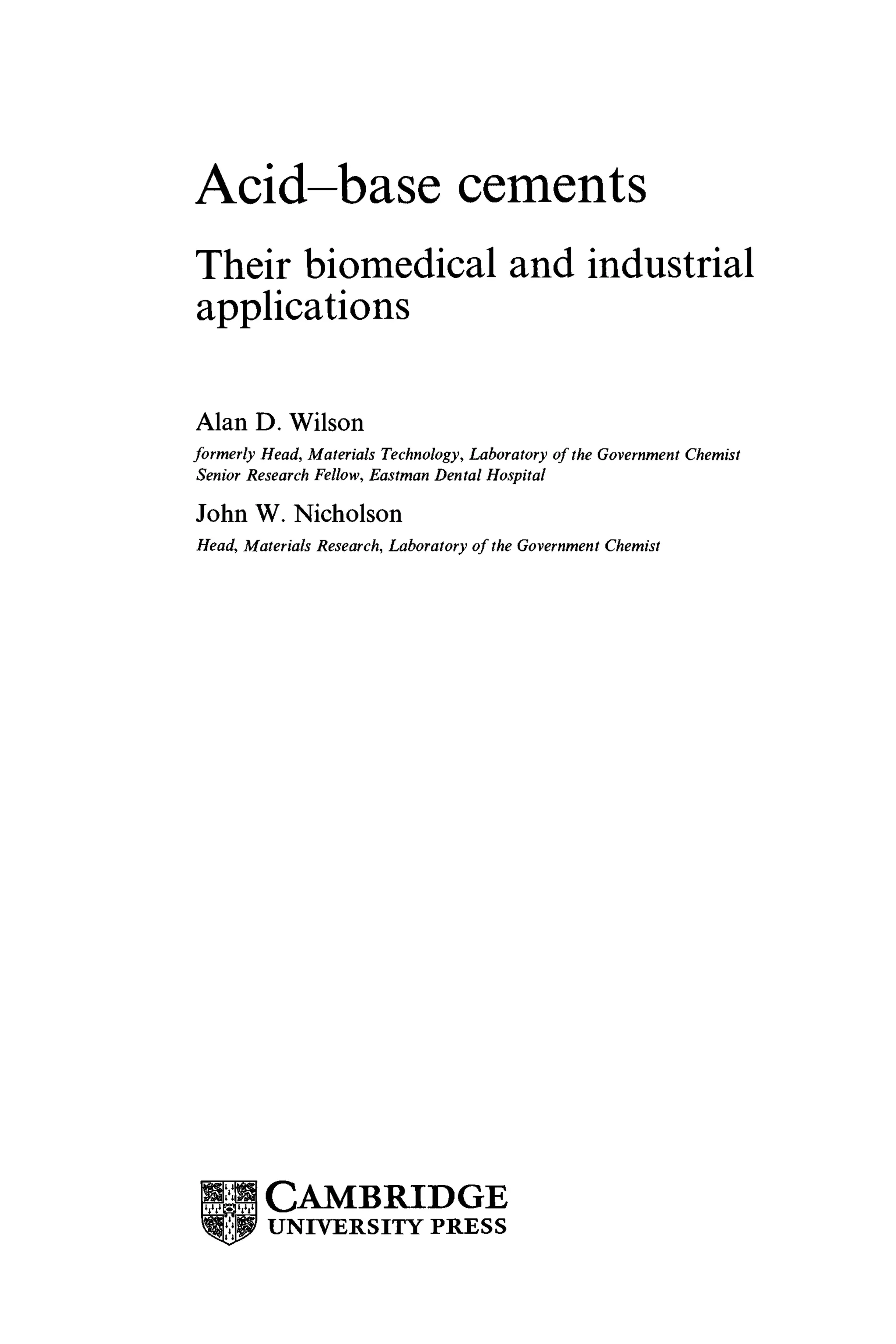 Alan D. Wilson, John W. Nicholson-Acid-Base Cements_ Their Biomedical ...
