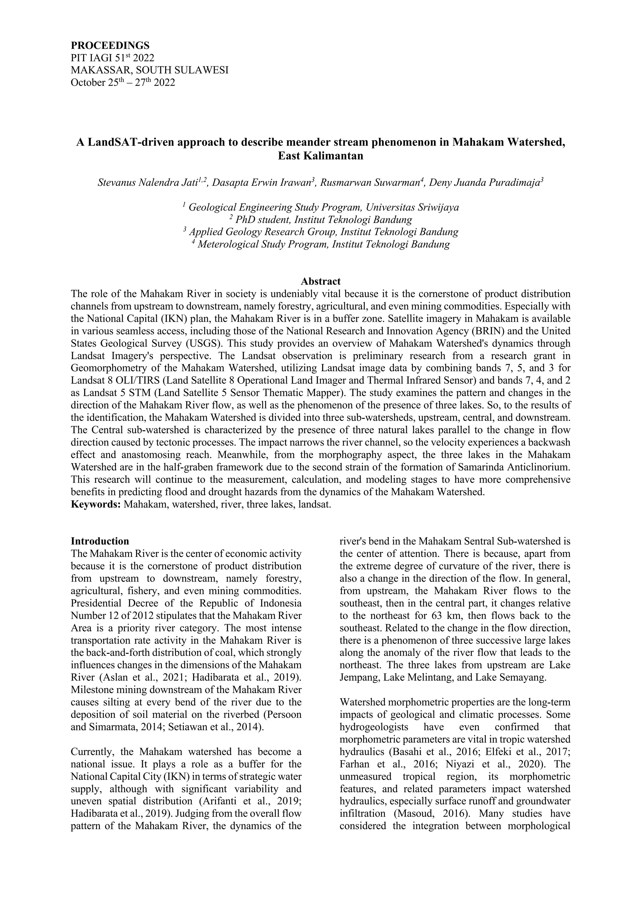 A LandSAT-driven approach to describe meander stream phenomenon in Mahakam Watershed, East ...