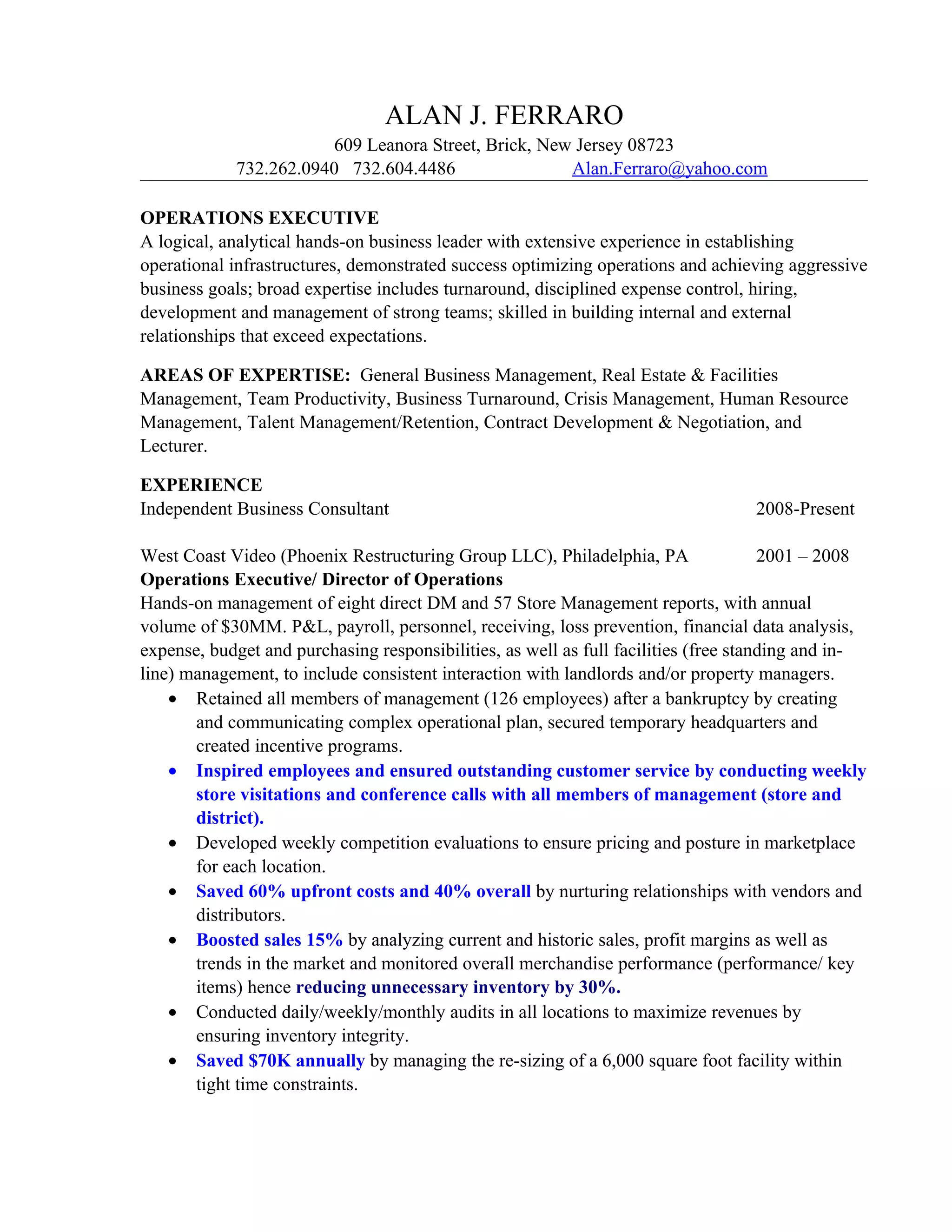 Alan Ferraro Resume October2009 | DOC