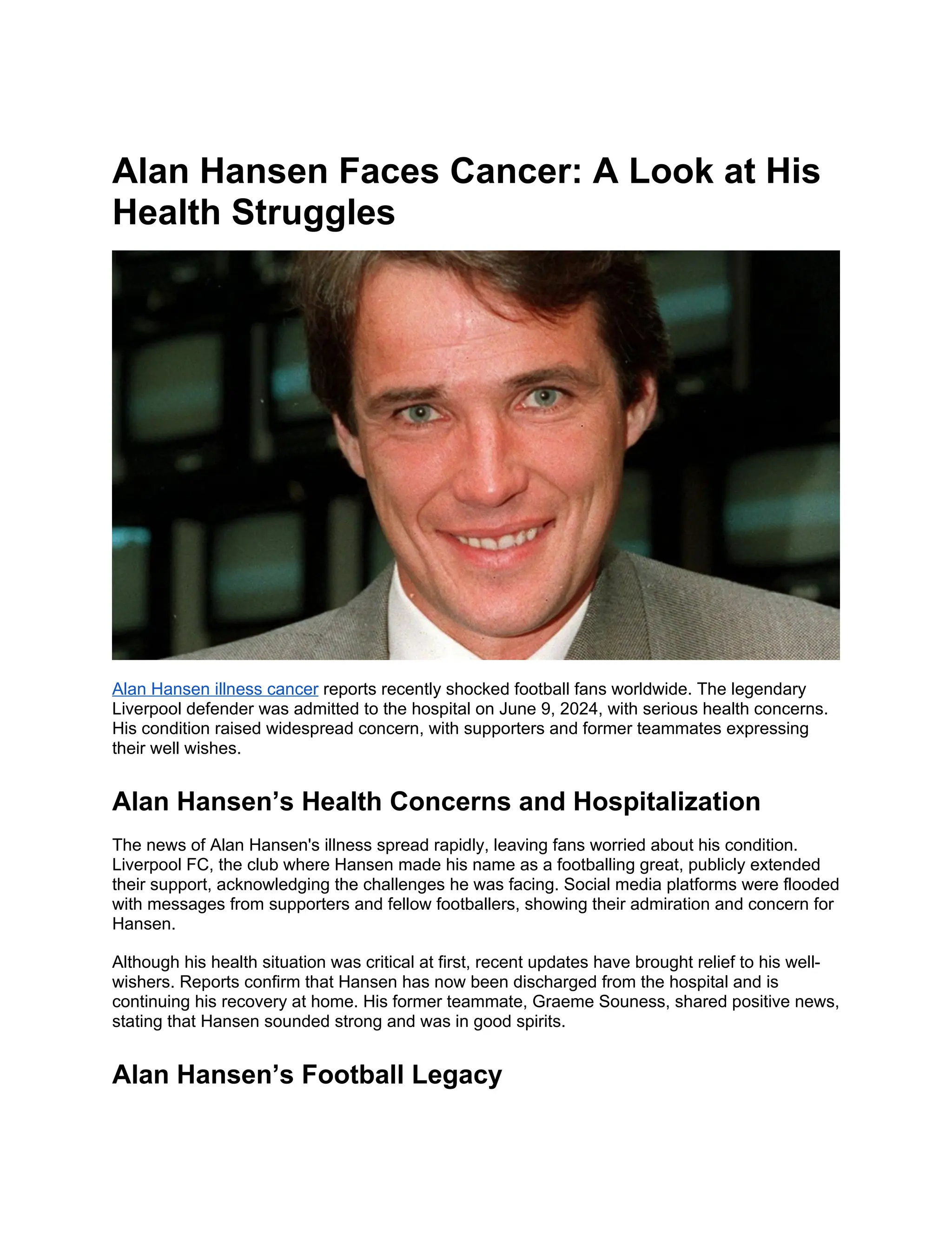 Alan Hansen Faces Cancer: His Health Struggles and Recovery | DOCX