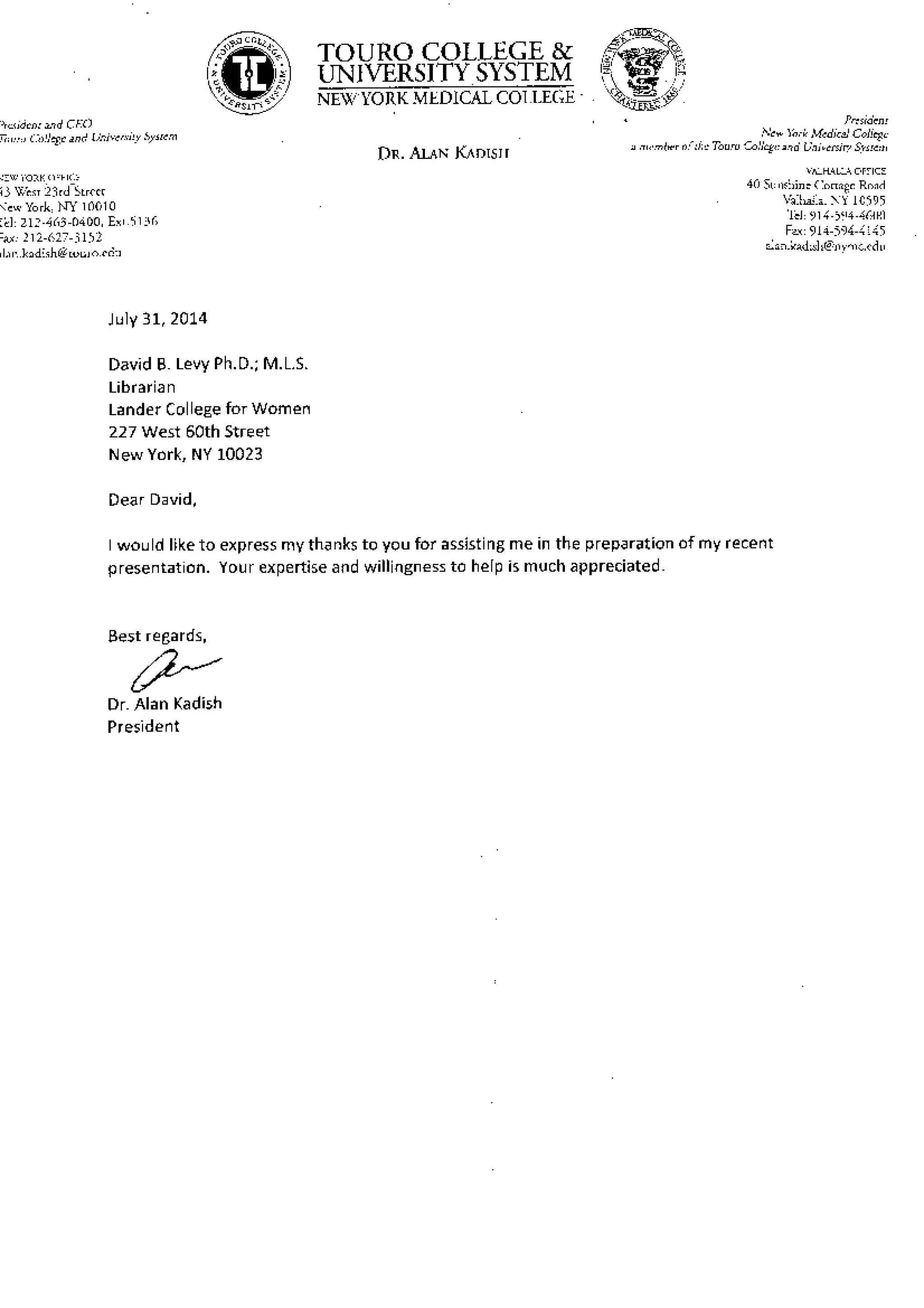 Alan Kadish thank you letter to David Levy | PDF