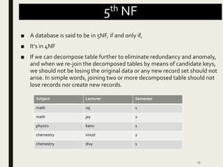 Normalization,1st NF, 2nd NF, 3rd NF, BCNF, 4th NF, 5th NF | PPT