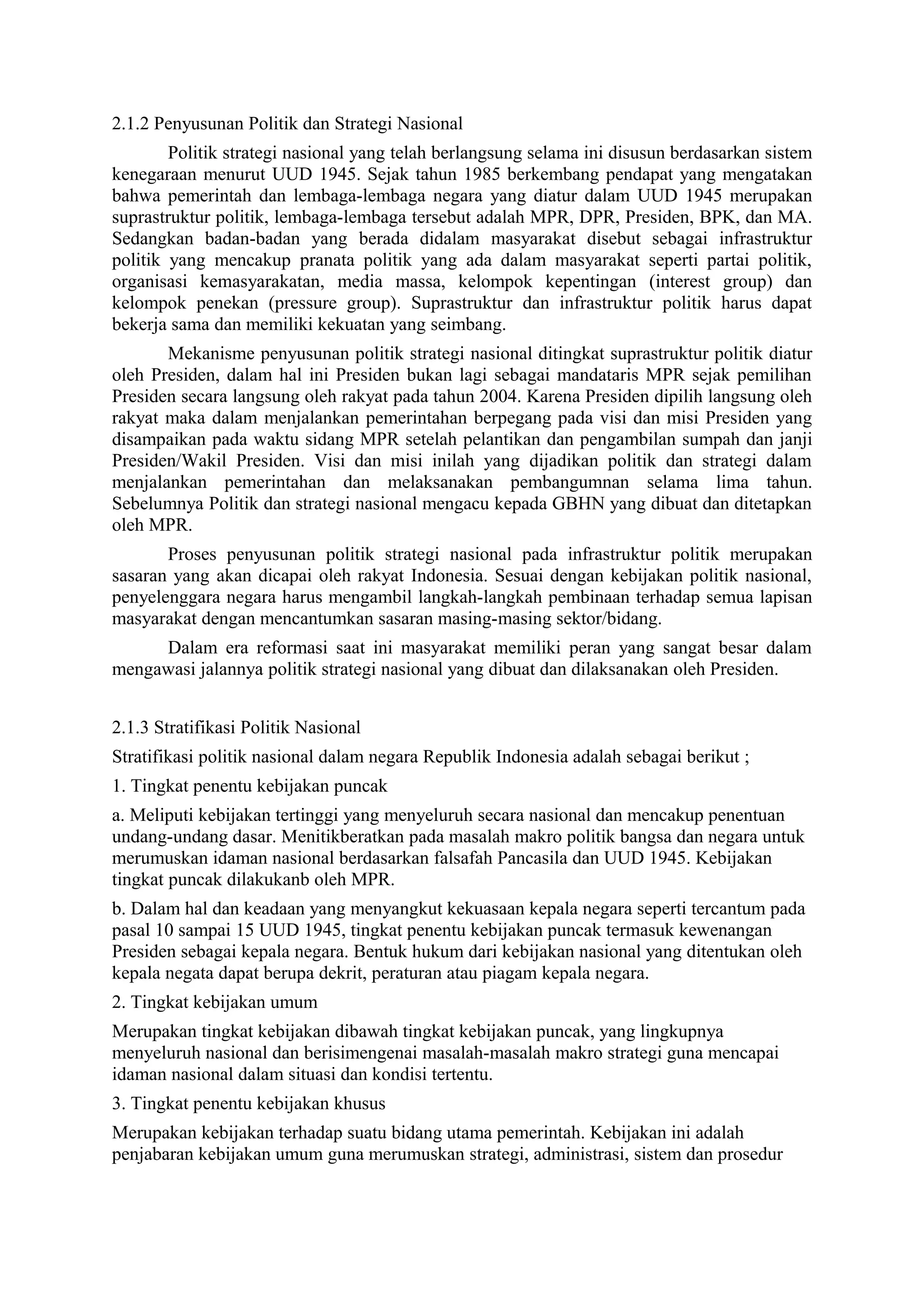 Implementasi politik strategi nasional di bidang politik dan hukum | DOC