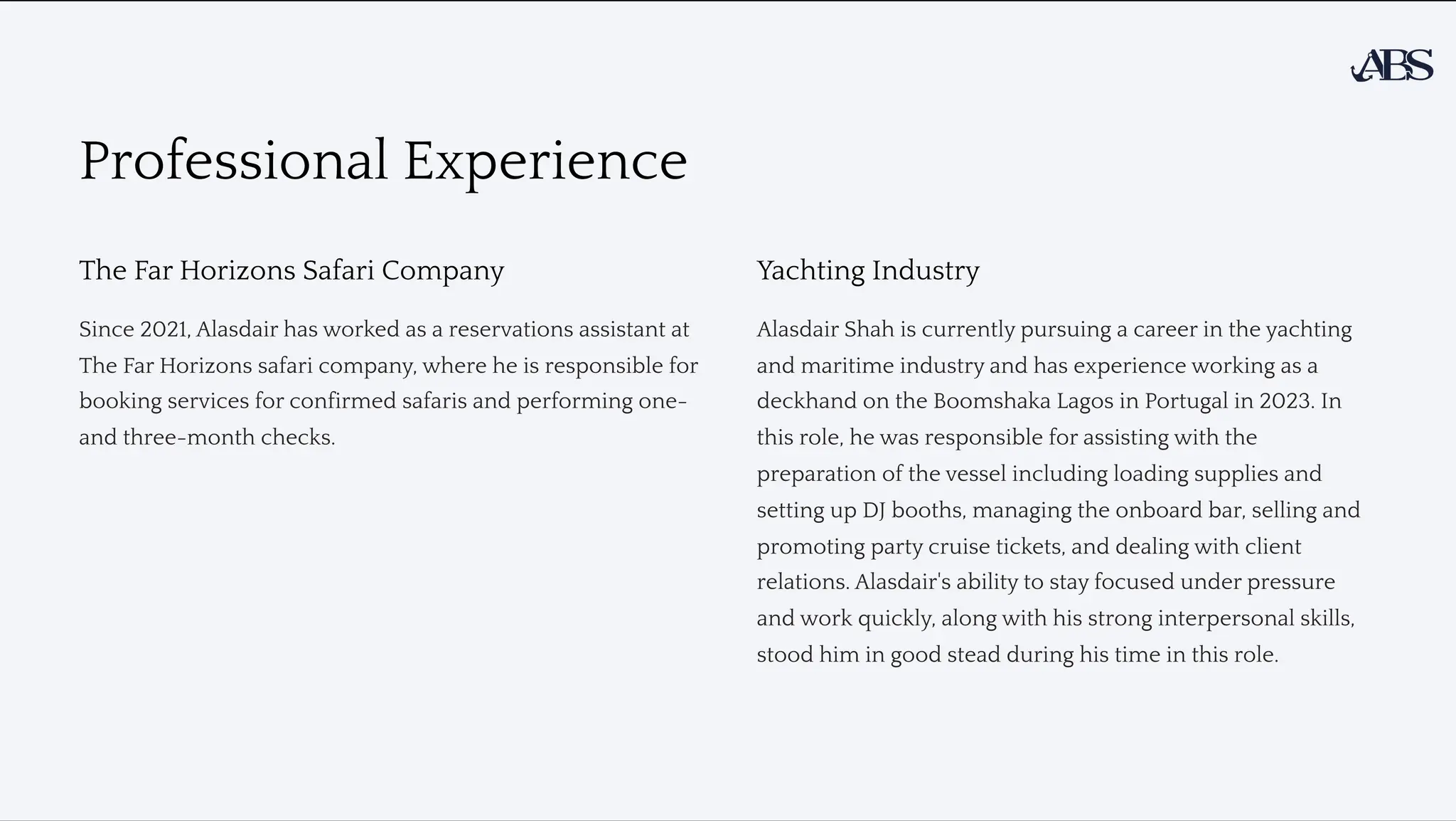 About Alasdair Babber Shah - Yacht Deckhand | PPT