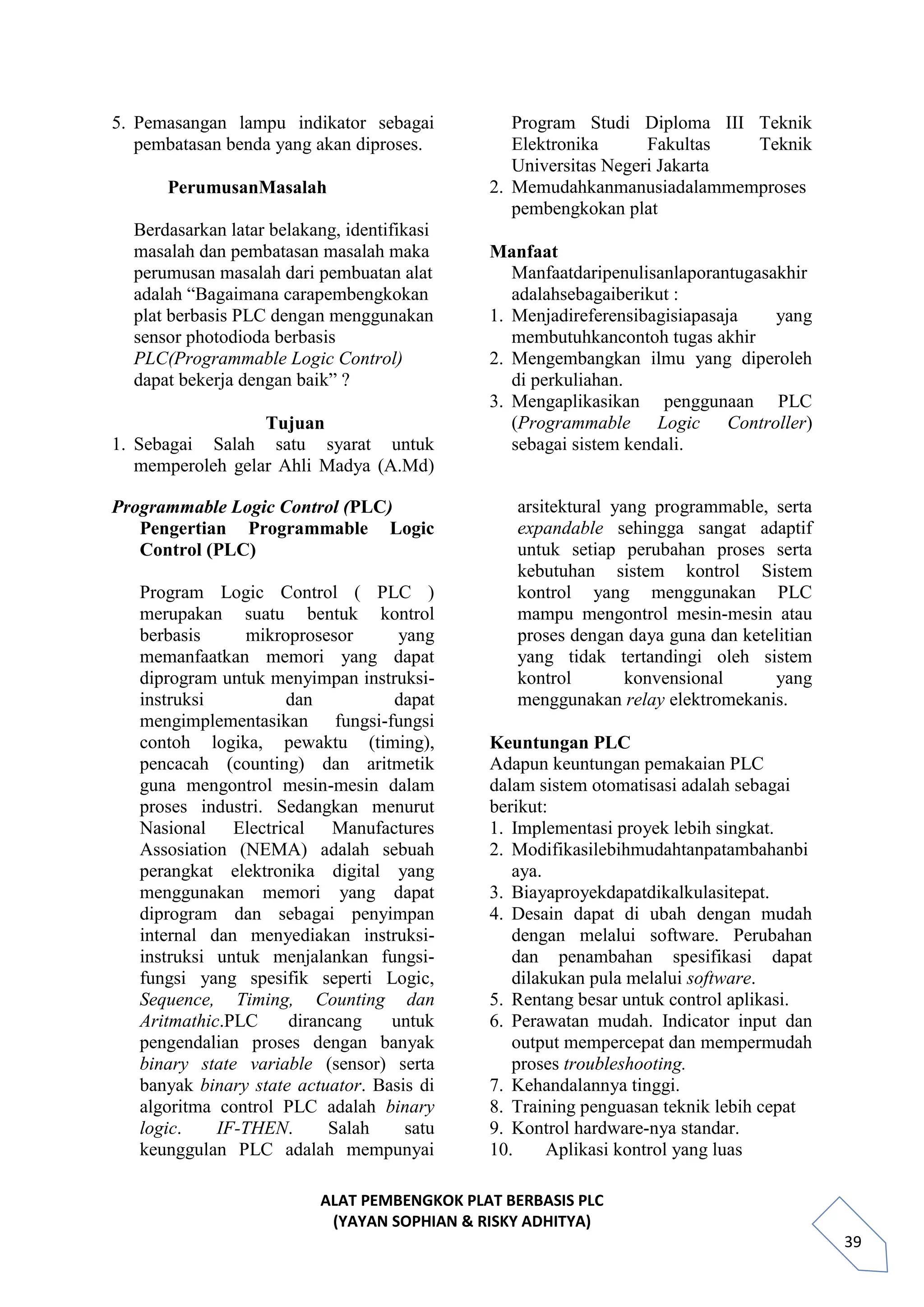 Alat pembengkok plat berbasis plc | DOCX