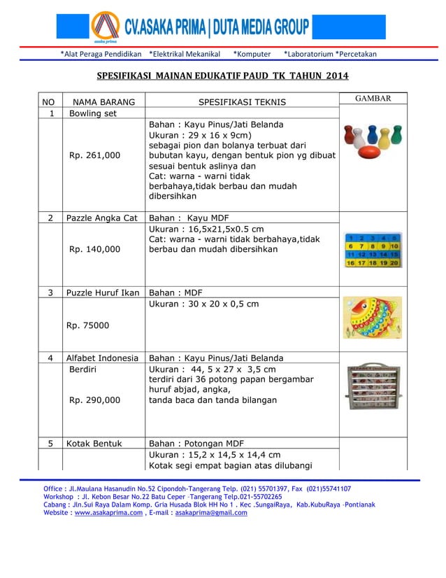 Alat peraga edukatif (ape) paud & tk daftar rincian ape paud 2015 ...
