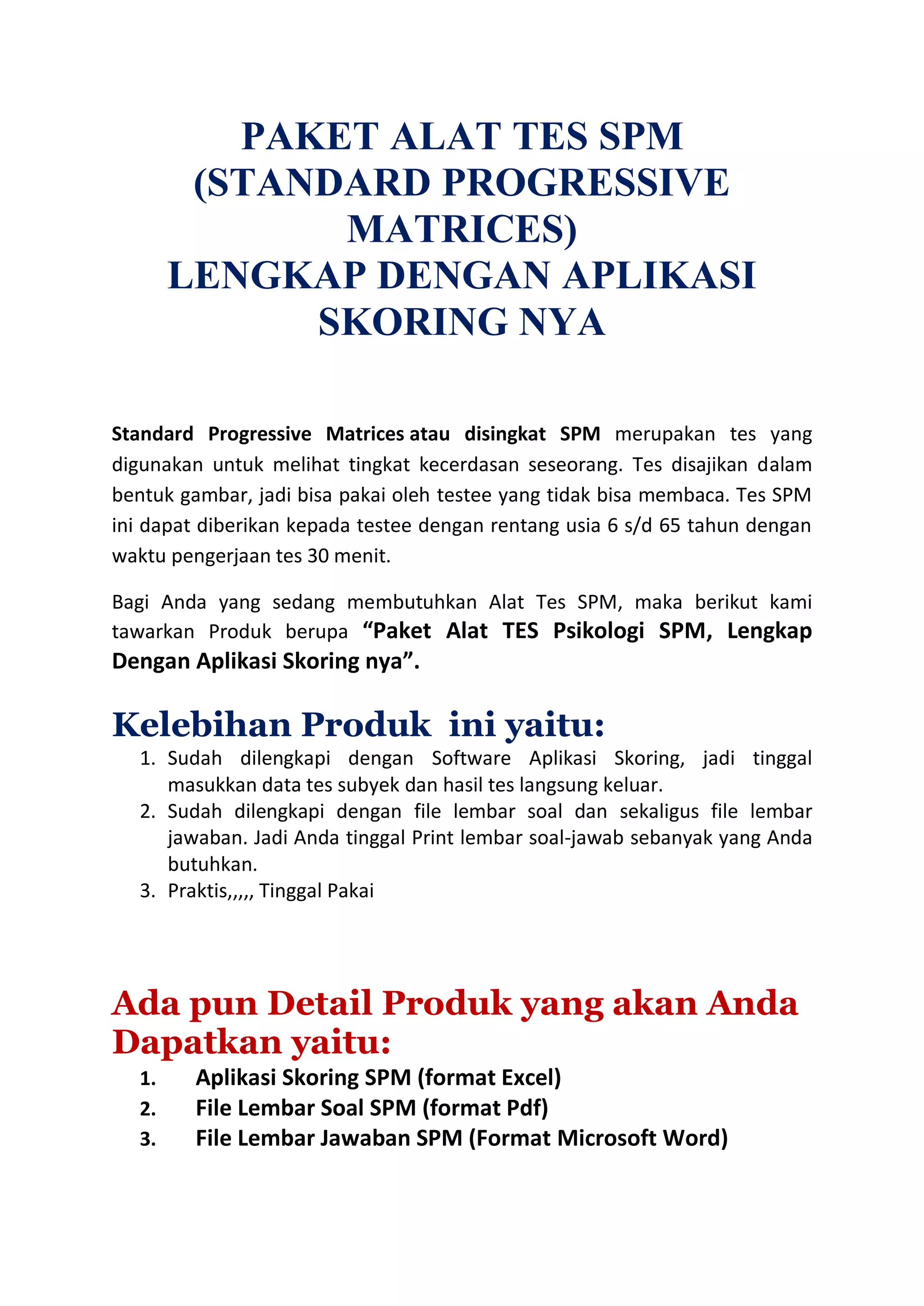 Alat tes SPM lengkap dengan skoring SPM (STANDARD PROGRESSIVE MATRICES ...