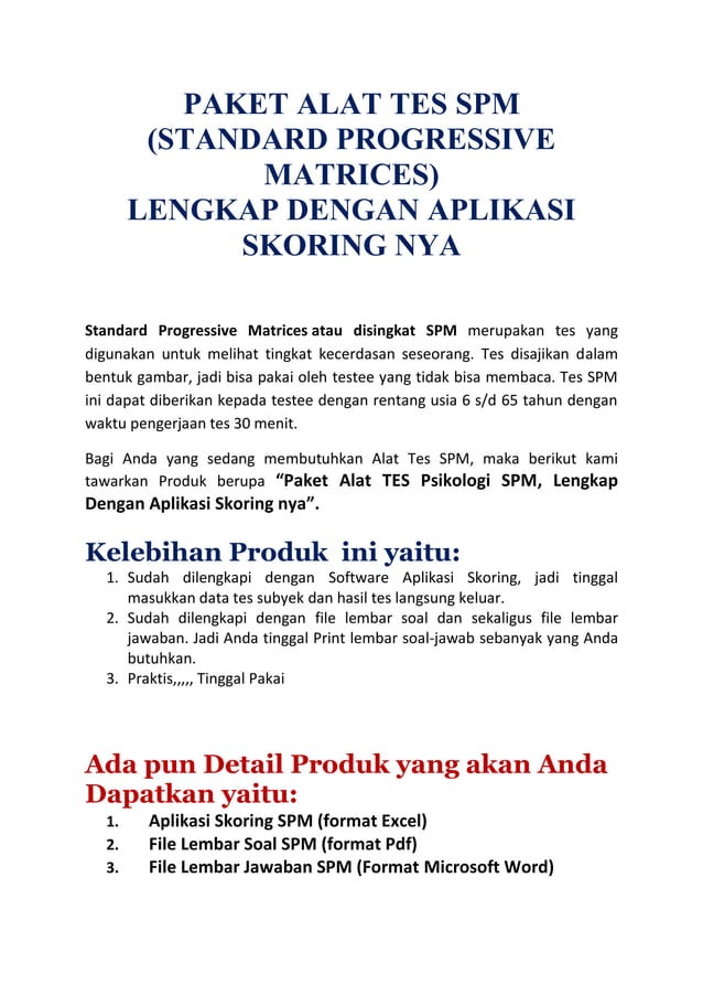 Alat tes SPM lengkap dengan skoring SPM (STANDARD PROGRESSIVE MATRICES ...