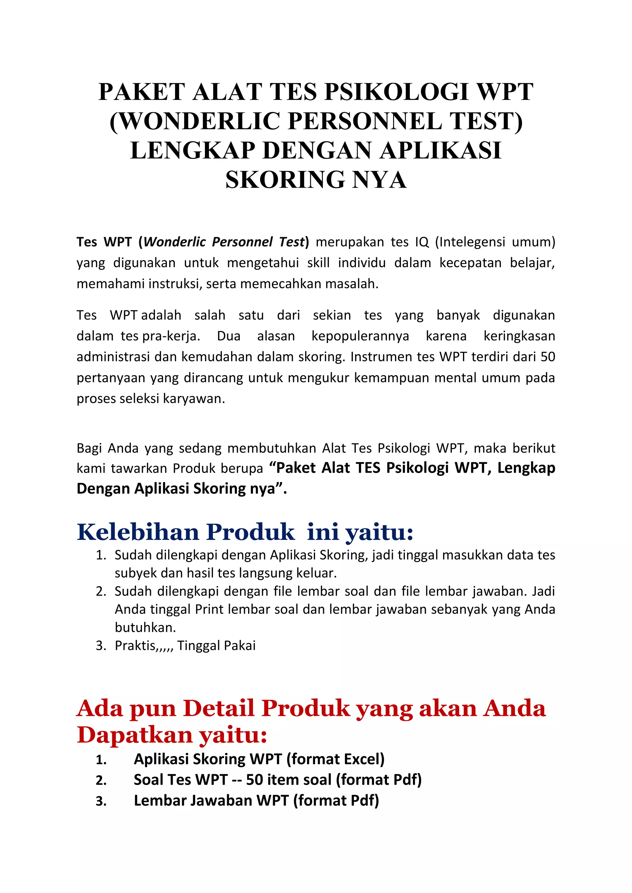 Alat tes wpt lengkap dengan skoring wpt | PDF